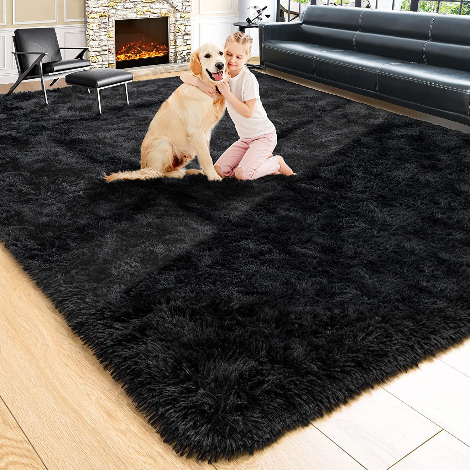 Noahas Fluffy Black Rug for Living Room,5x8 Area Rugs,Thick Plush Shag ...