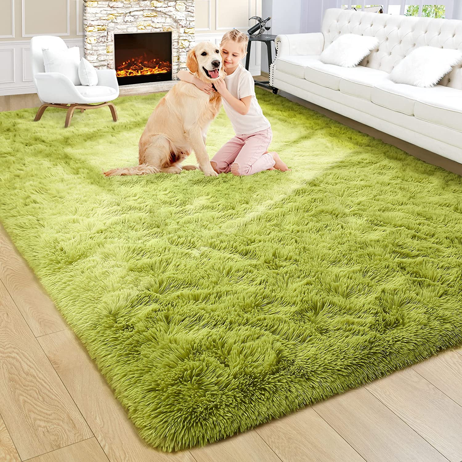 Noahas Fluffy Green Rug for Living Room,5x8 Area Rugs,Thick Plush Shag ...