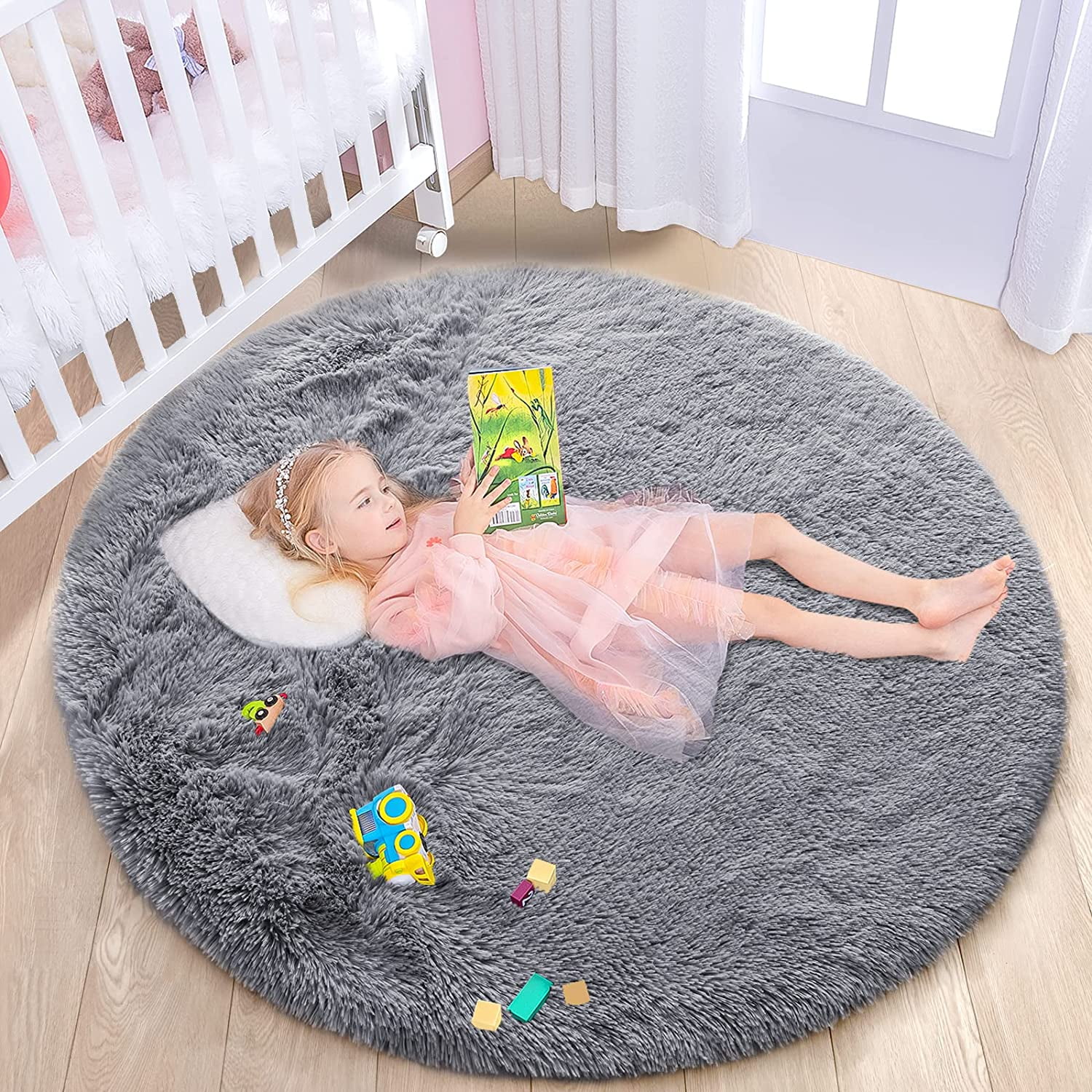 Noahas Luxury Fuzzy Circular Large Furry Rug, 5ft Gray Round Fluffy ...