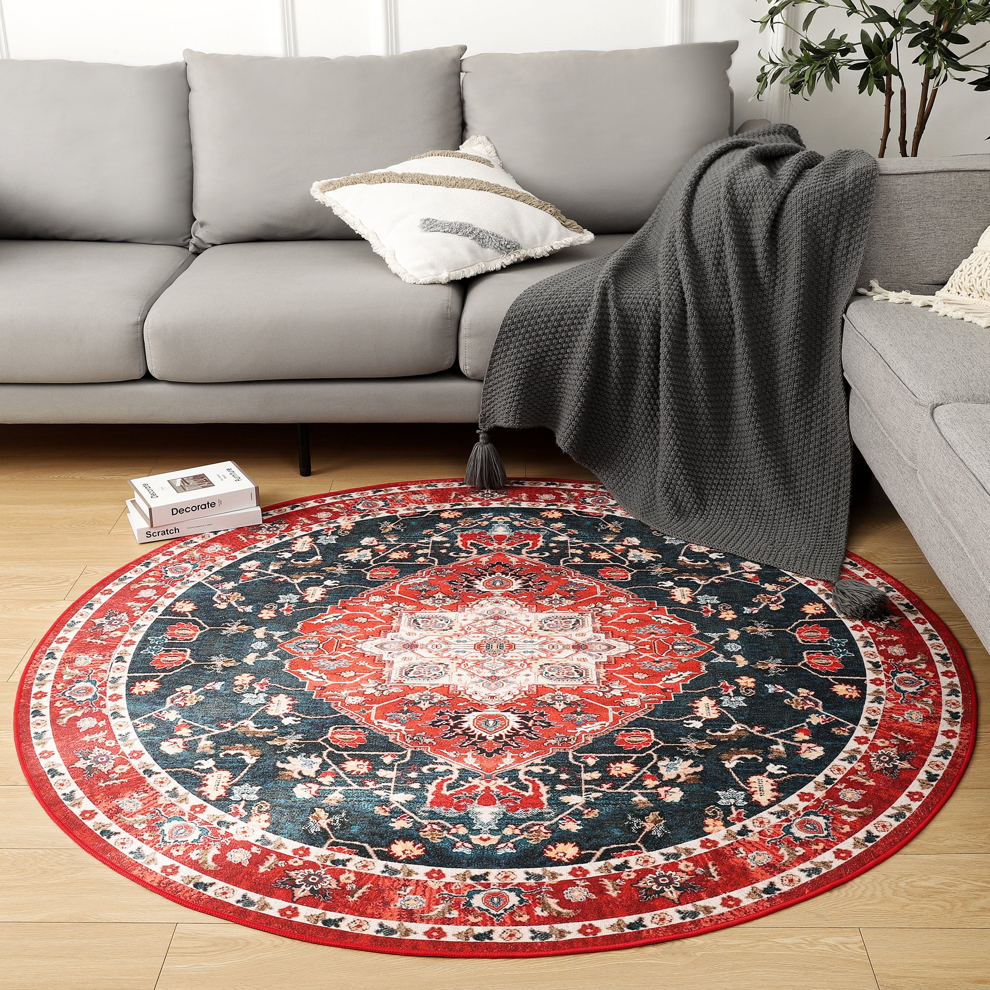 Noahas Round Traditional Persian Area Rug, Red , 4' x 4' - Walmart.com