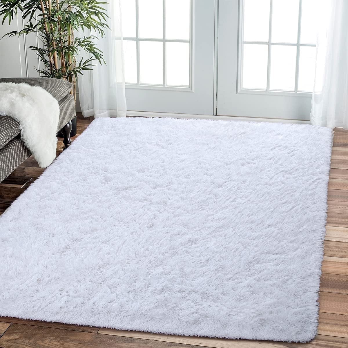 Noahas White Plush Shag Area Rug, 5'x8', Suitable for Living Room ...