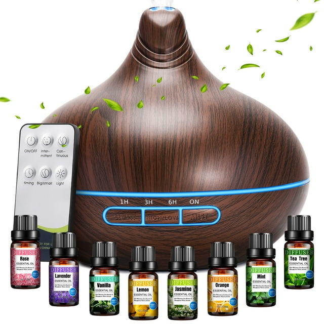 Noahstrong 500ml Oil Diffuser Aromatherapy Set, 8*10ml Oils, Woodgrain Humidifier with Remote ...