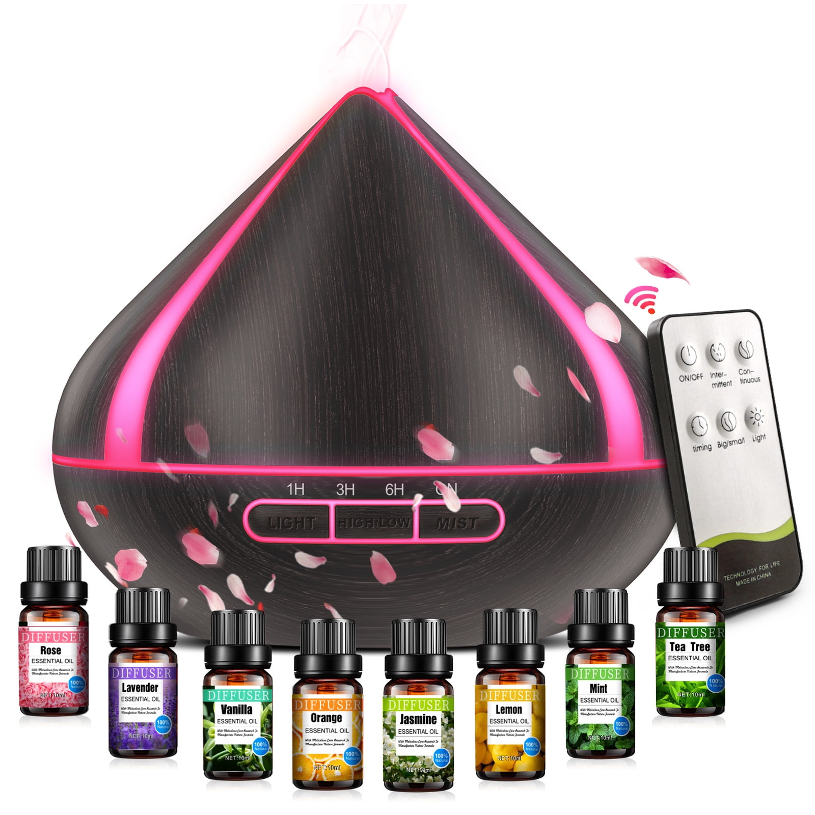 Noahstrong 500ml Essential Oil Diffuser with 8 Essential Oils Set, Petals Shape Aromatherapy ...