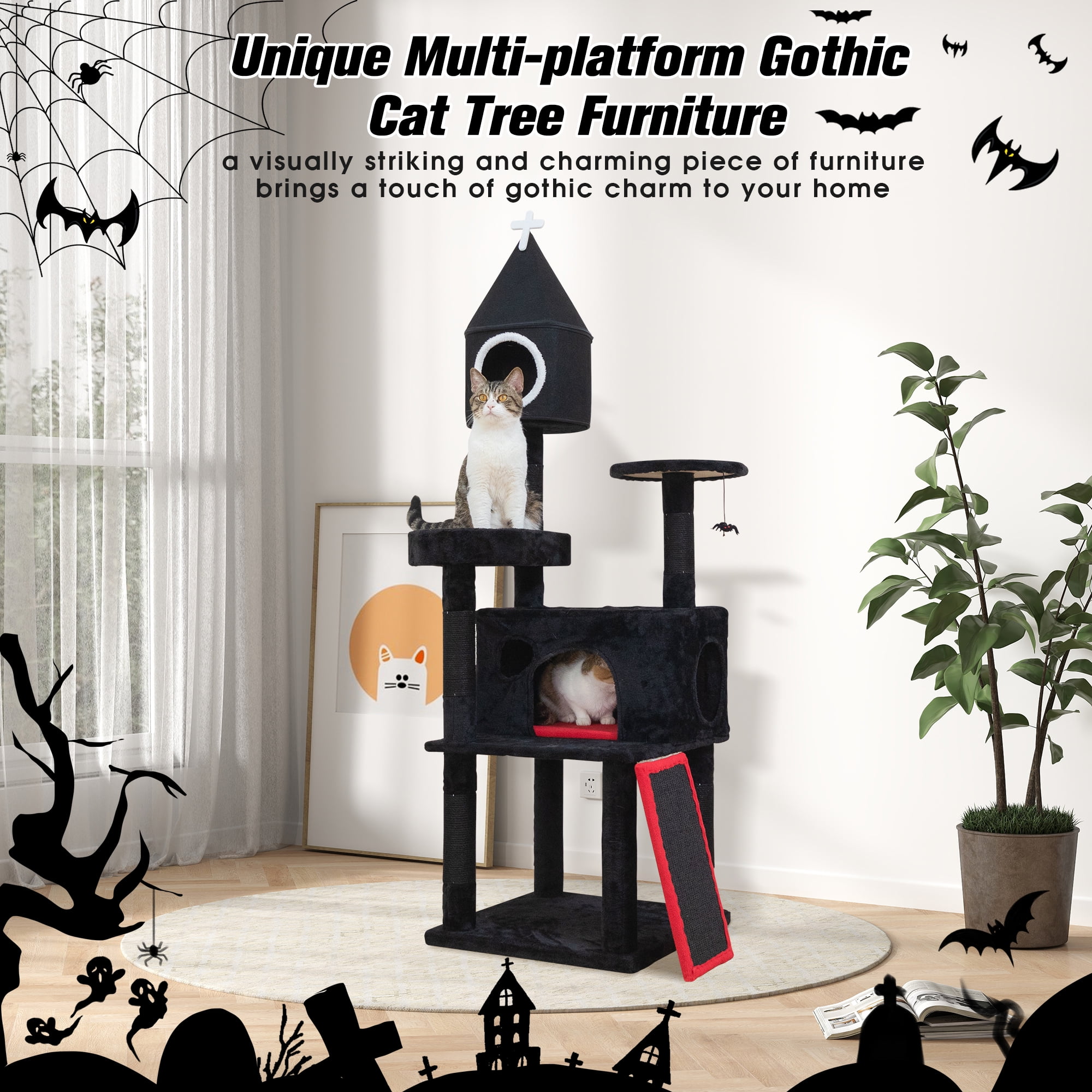 Noaman 64" Gothic Cat Castle Coffin Hideaway & Spiderweb Platform ...