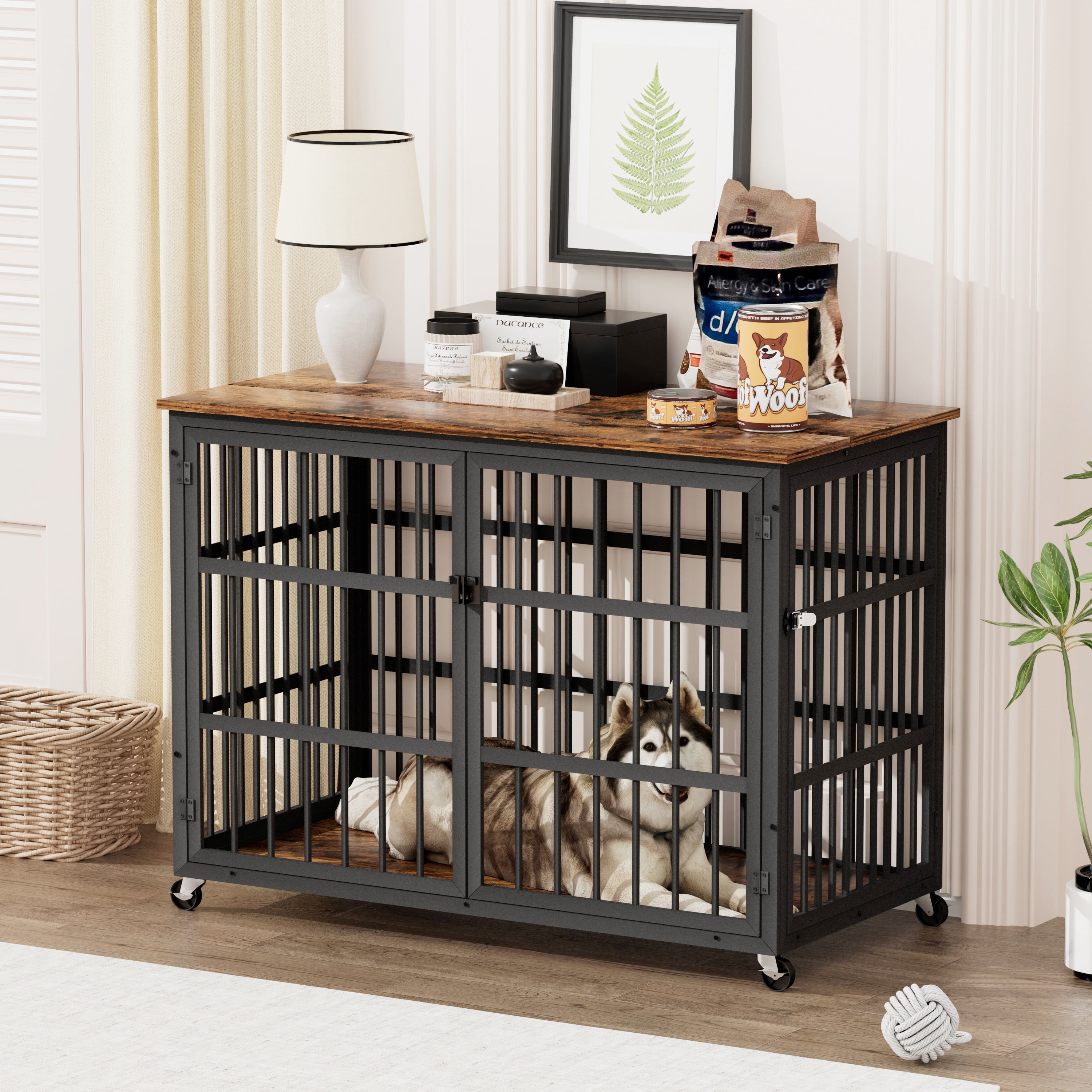 Noaman Furniture Style Dog Crate with Wrought Iron Frame, Rustic Brown, 43.3" W x 29.9" D x 33.5 ...