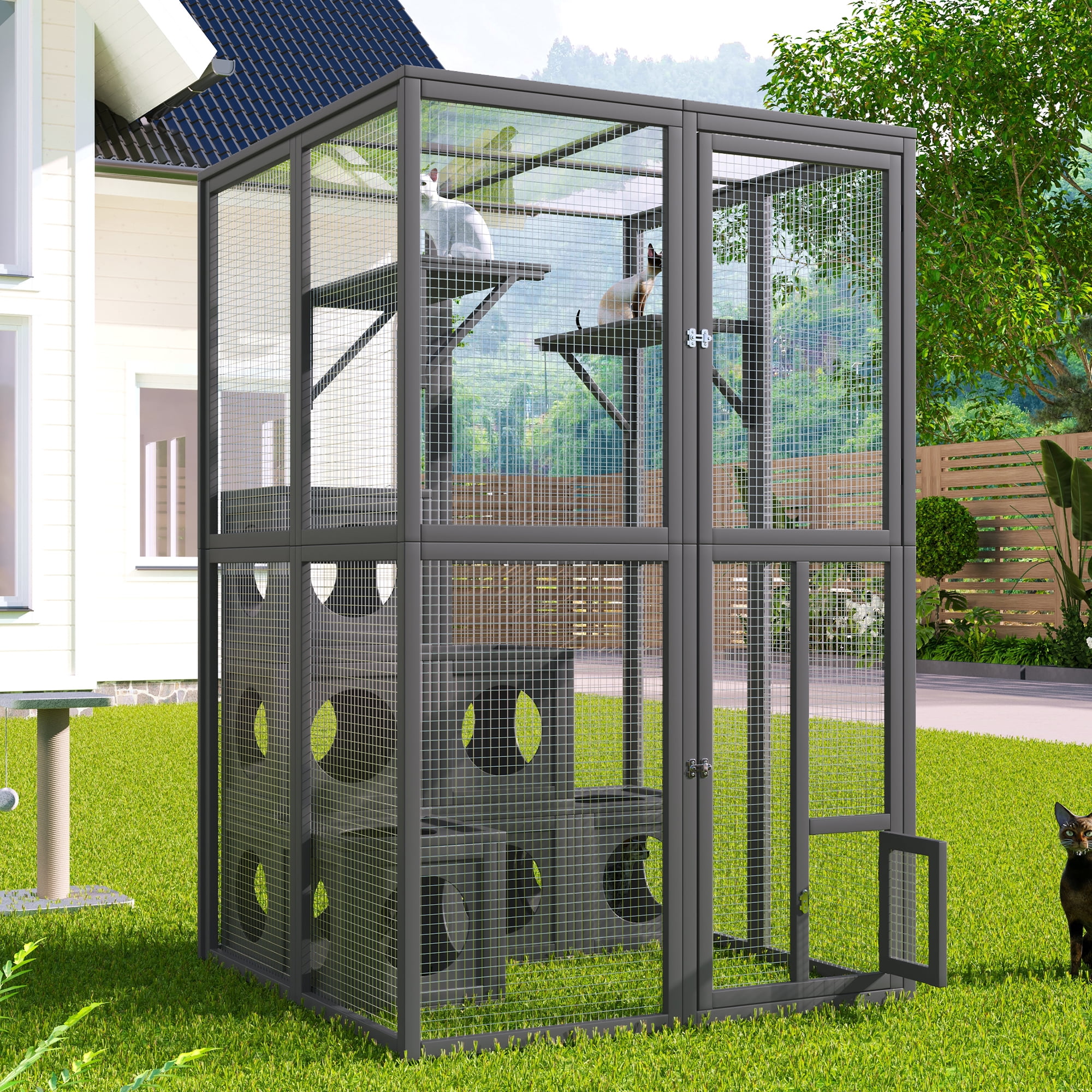 Noaman Outdoor Cat Catio with 7 Freely Combination Wood Boxes, 69" Tall ...