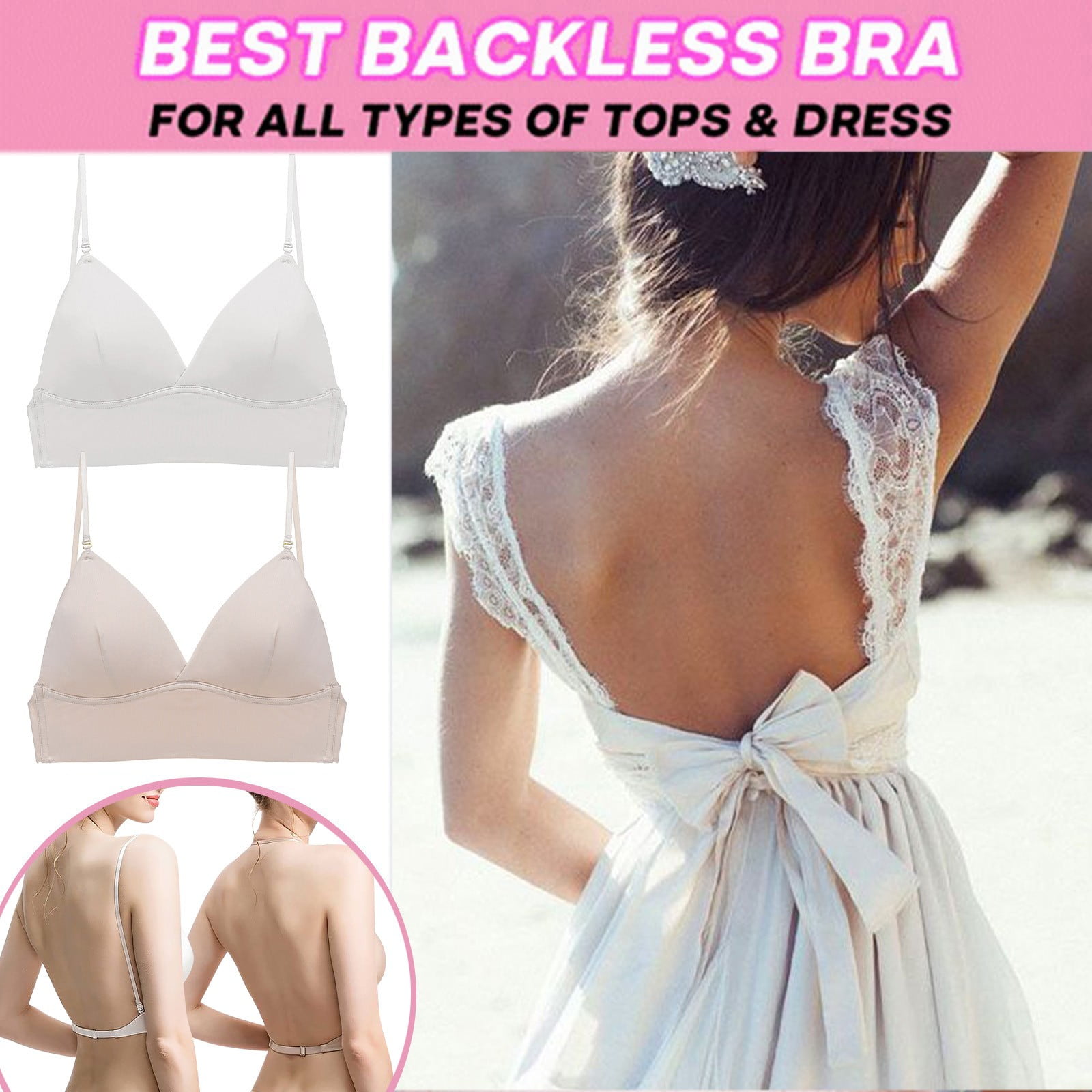 Noarlalf Backless Bra Women's Low Back Bra Lace Glossy U Shape Backless Bra Wear with Low Back ...