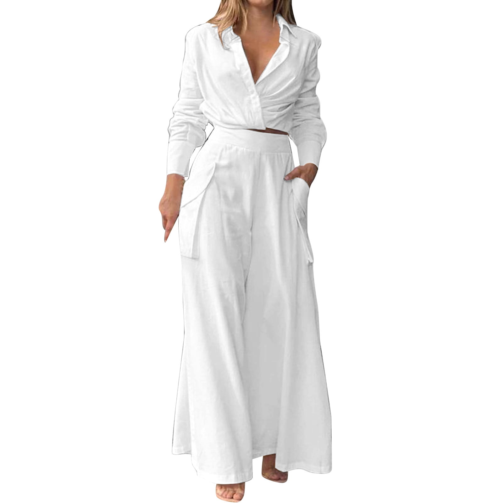 Noarlalf Two Piece Sets for Women Womens Long Sleeve Shirt + High Waist ...