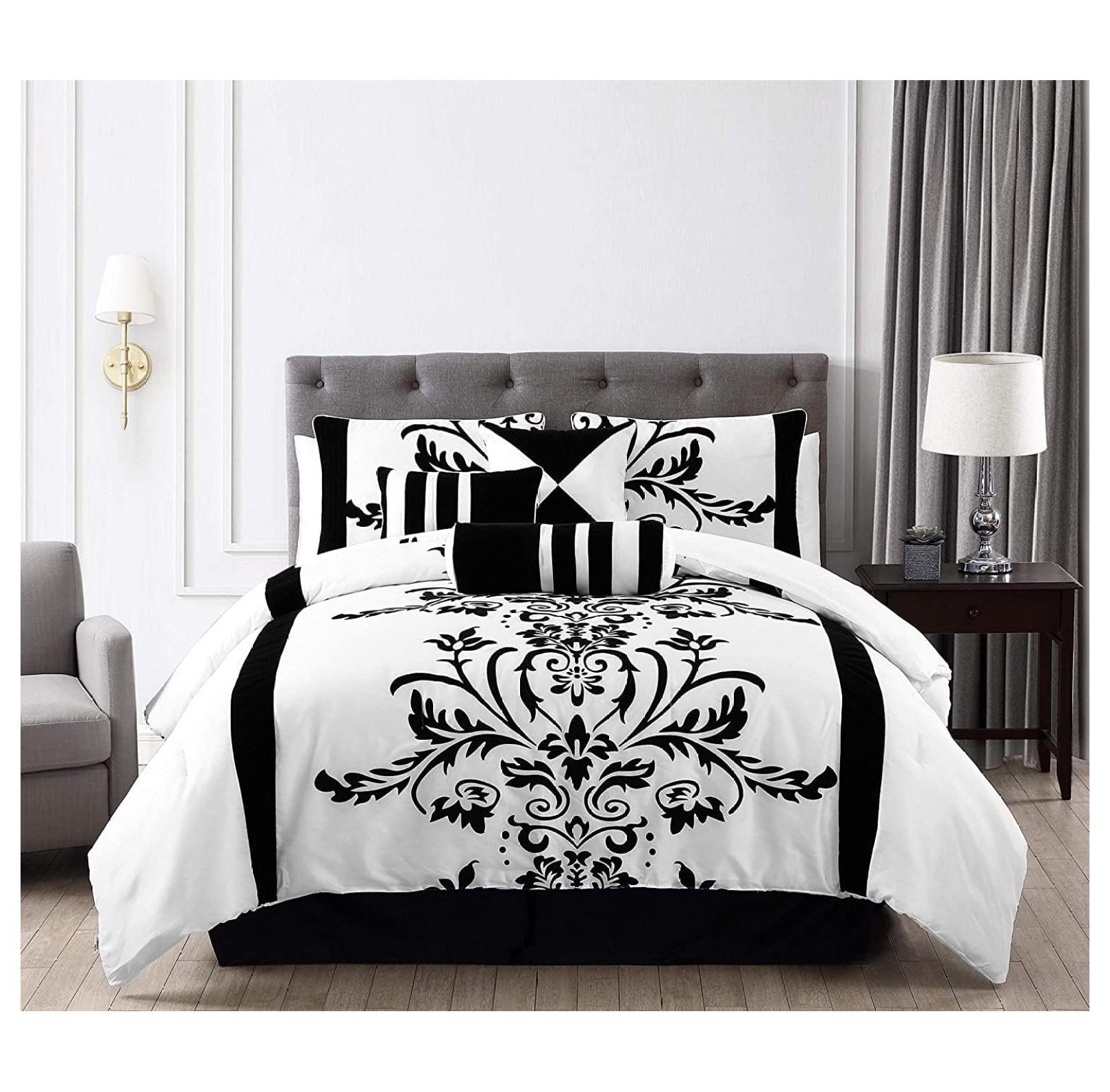 Nobility 7-Piece Faux Silk Comforter Set King - Luxury White Black ...