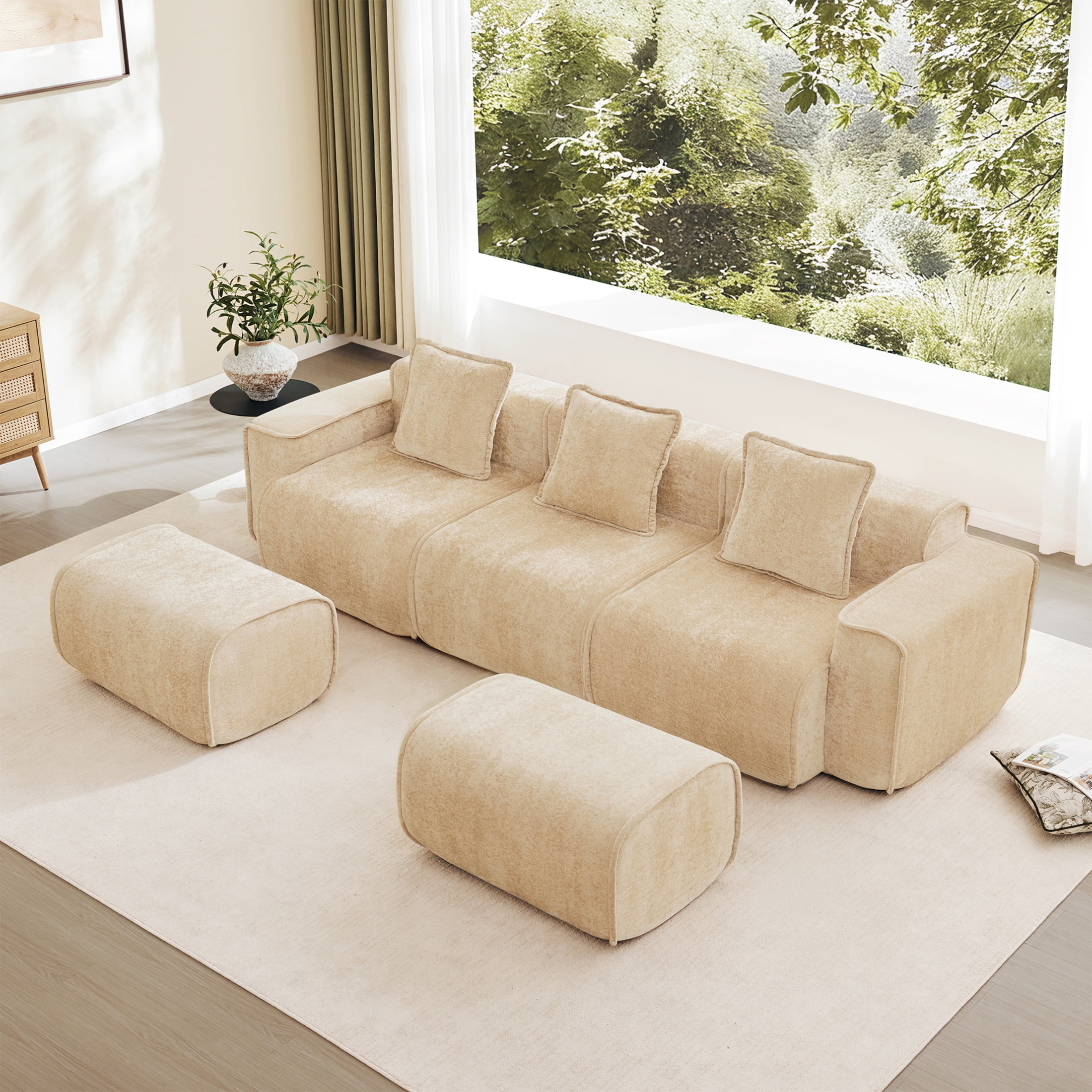Noble House 3-Seat U-Shape Modular Sofa, Boneless Design with French Piping, Comes with Throw ...