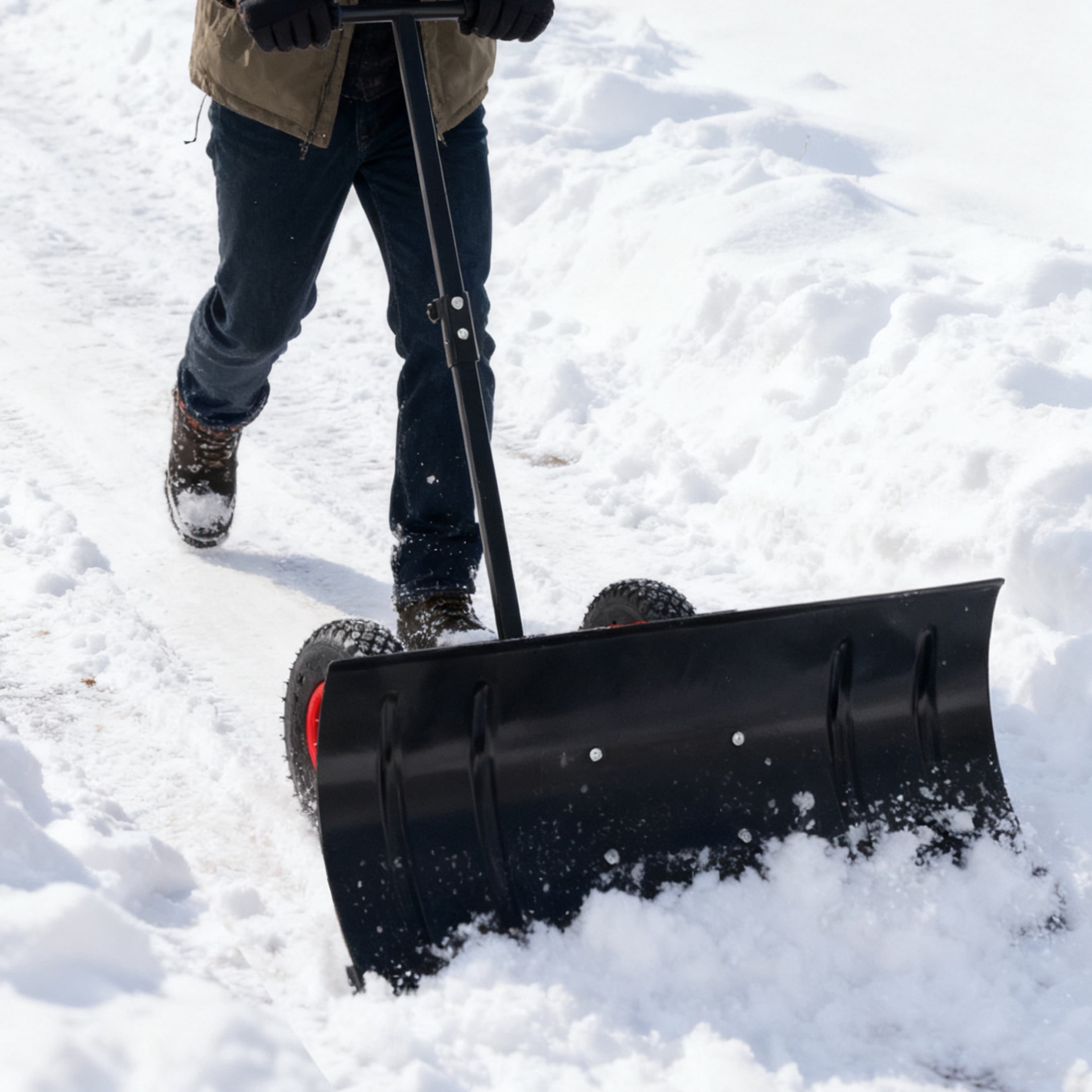 Noble House 30" Metal Snow Shovel Pusher with Single Rod, Rubber Wheels ...