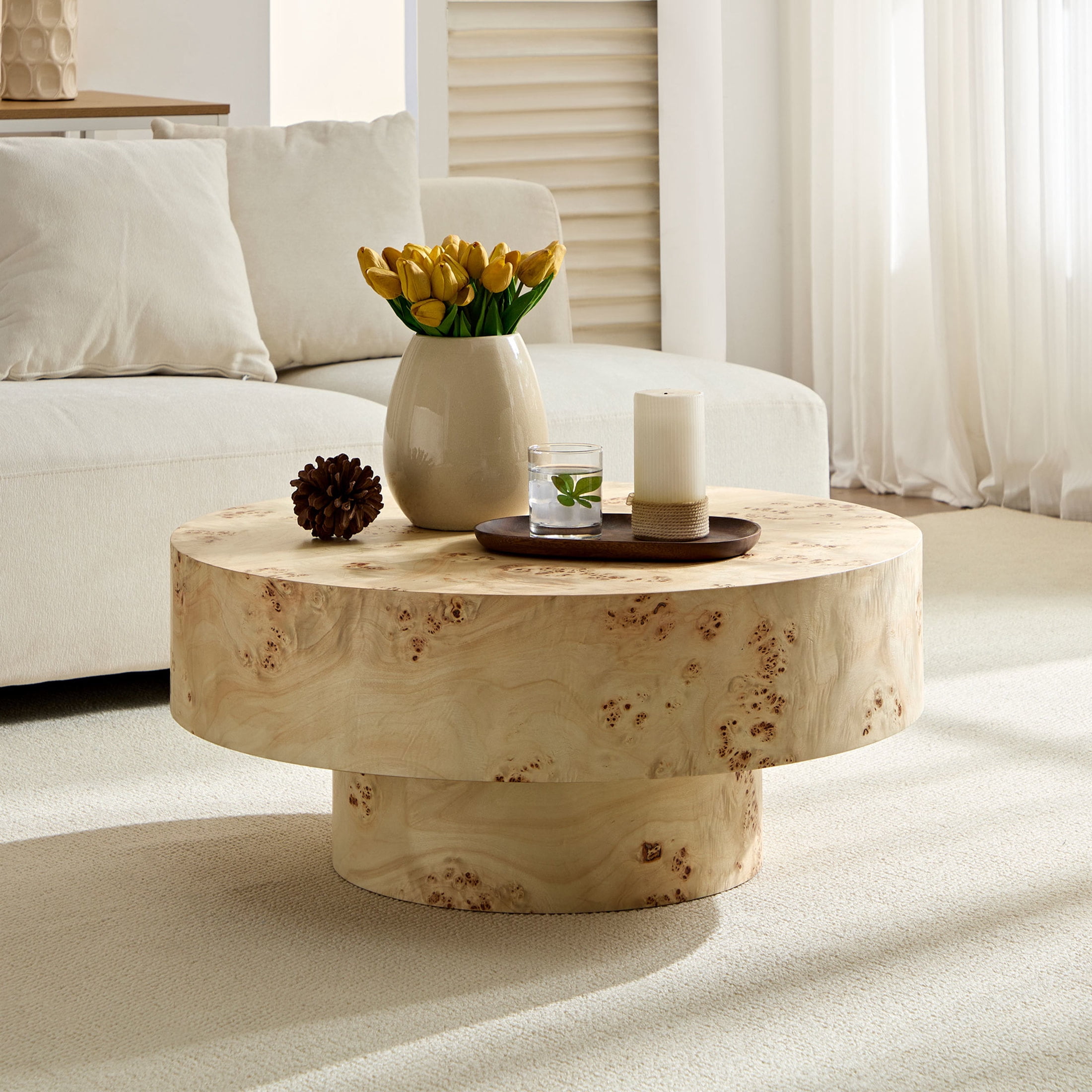 Noble House 31.49" Round Coffee Table, Burl Wood Veneer, Sturdy Drum ...