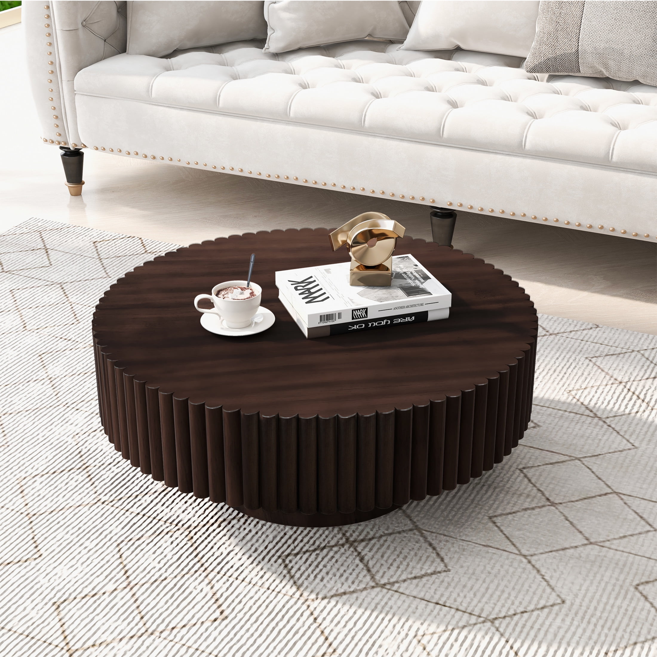 Noble House 31.5" Round Fluted Drum Coffee Table, Solid Wood Modern ...
