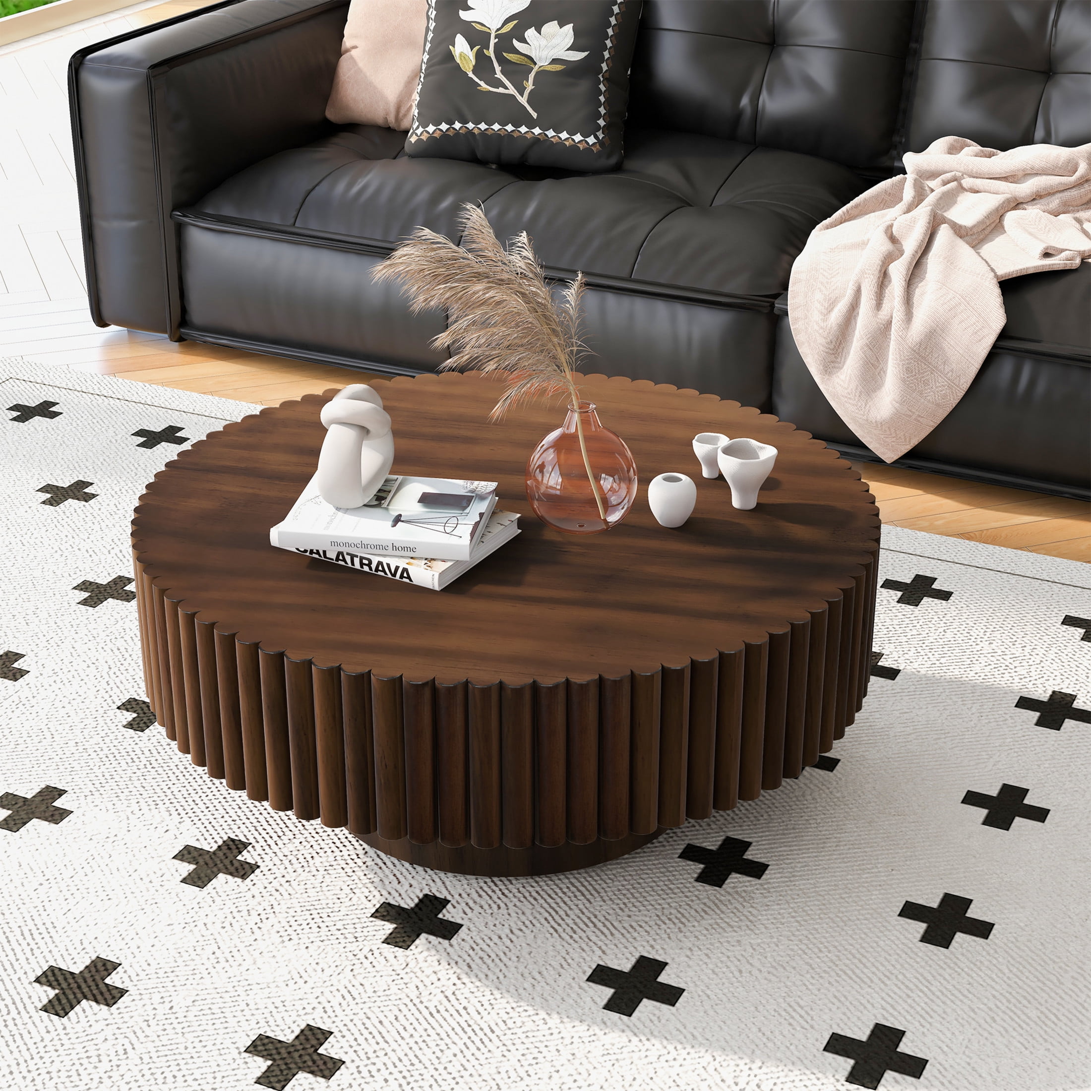 Noble House 31.5" Round Fluted Drum Coffee Table, Solid Wood Modern ...