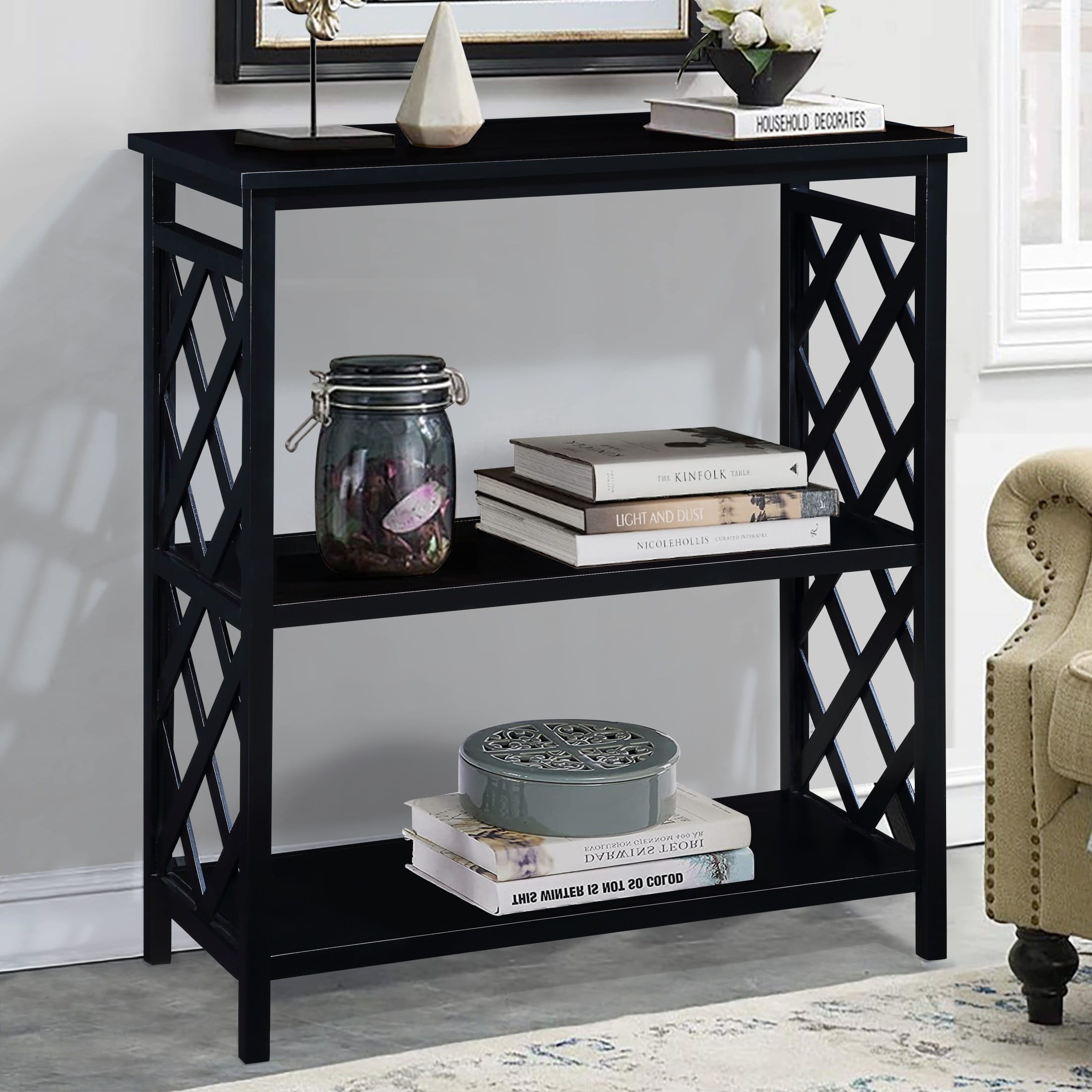 Noble House 32" Console Table, Solid Wood Legs with 3-Tier MDF Open ...