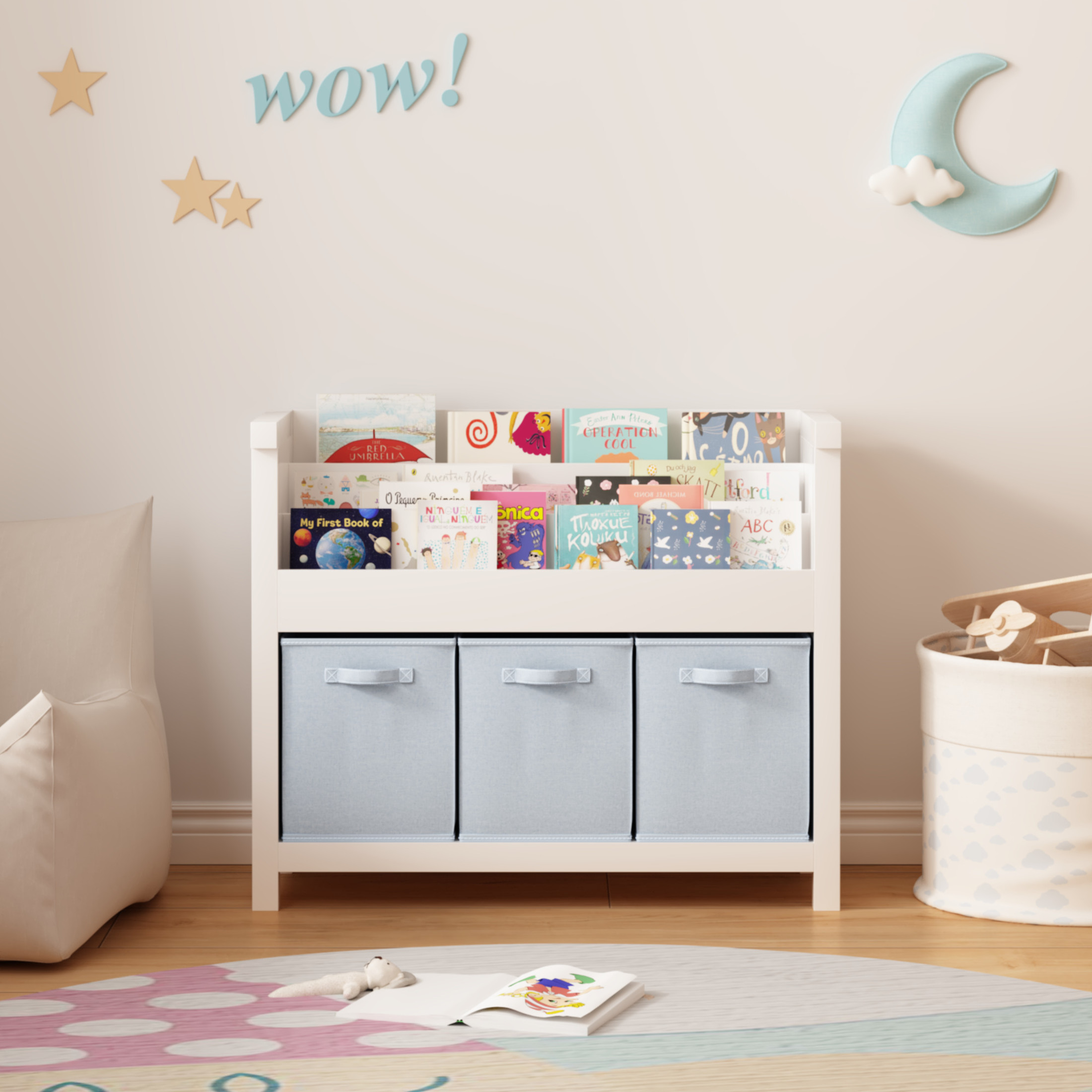 Noble House 35.43" Kids Bookshelf with 3 Tier Front-Facing Shelves and ...