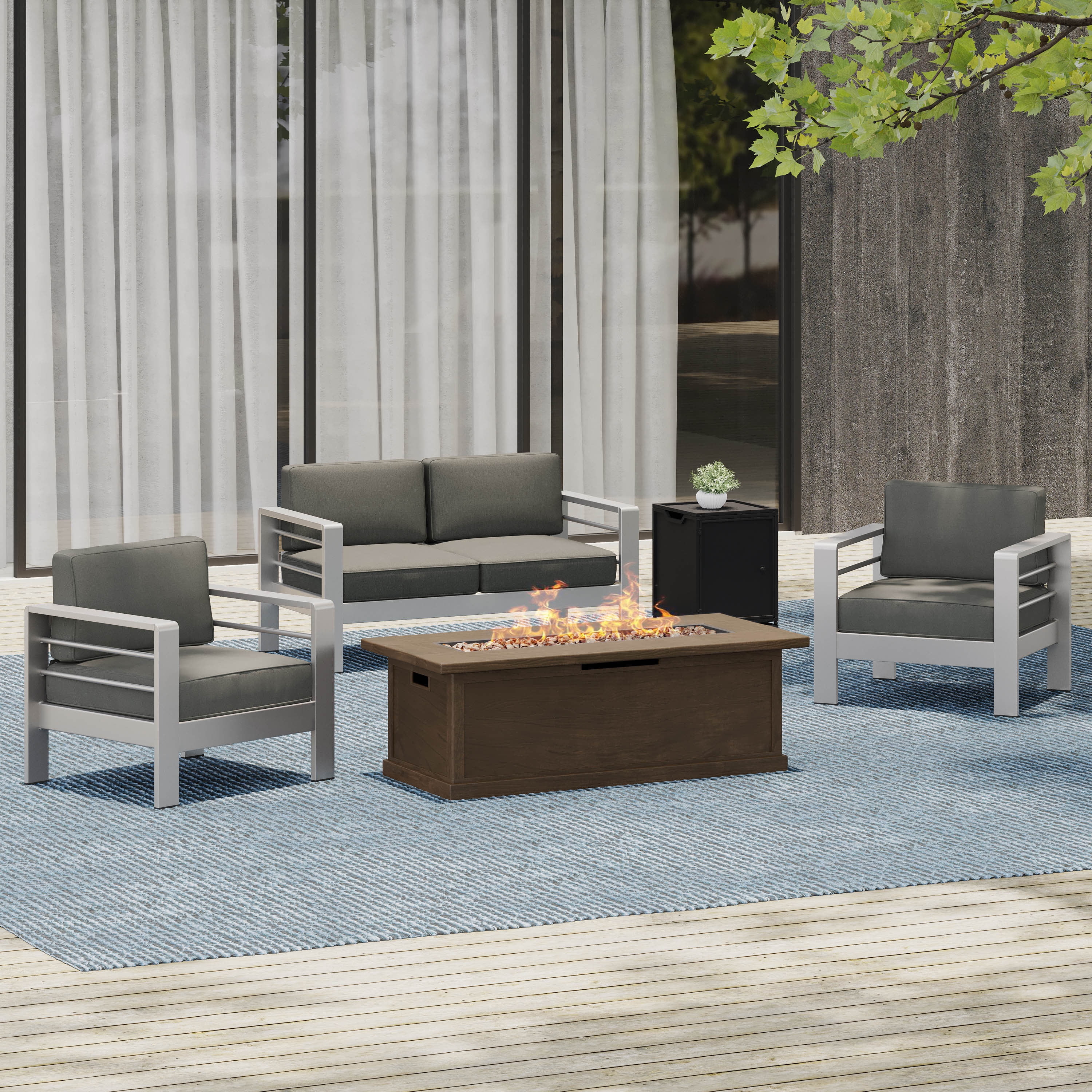 Noble House 4-Piece Aluminium Outdoor Chat Sets with Fire Table and ...