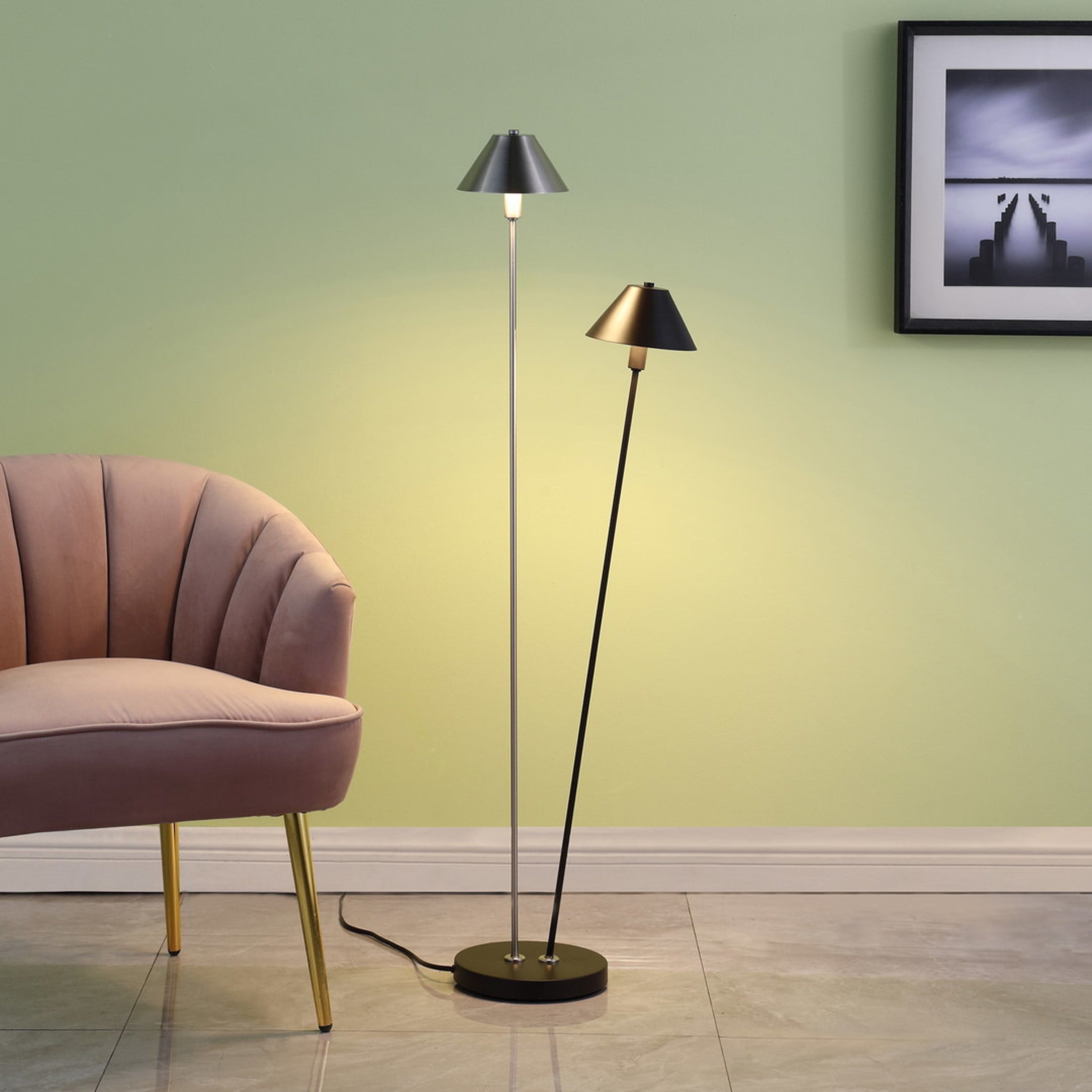 Noble House 47.5" Dual G9 Task Floor Lamp, Brushed Nickel Cones, Step ...