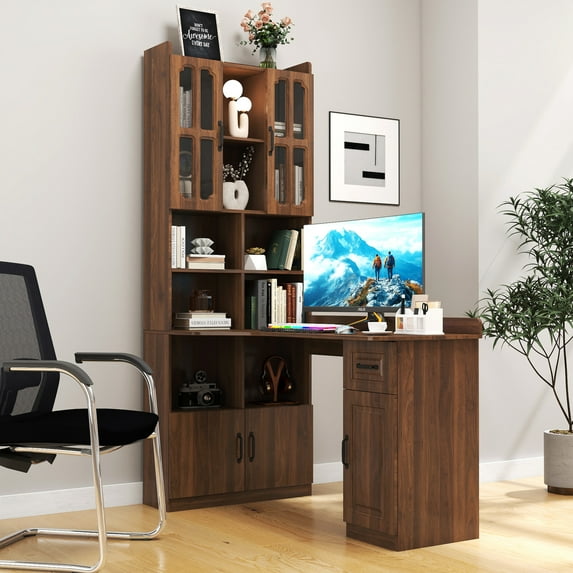 Noble House 55" L-Shaped Corner Computer Desk with Hutch, Storage ...