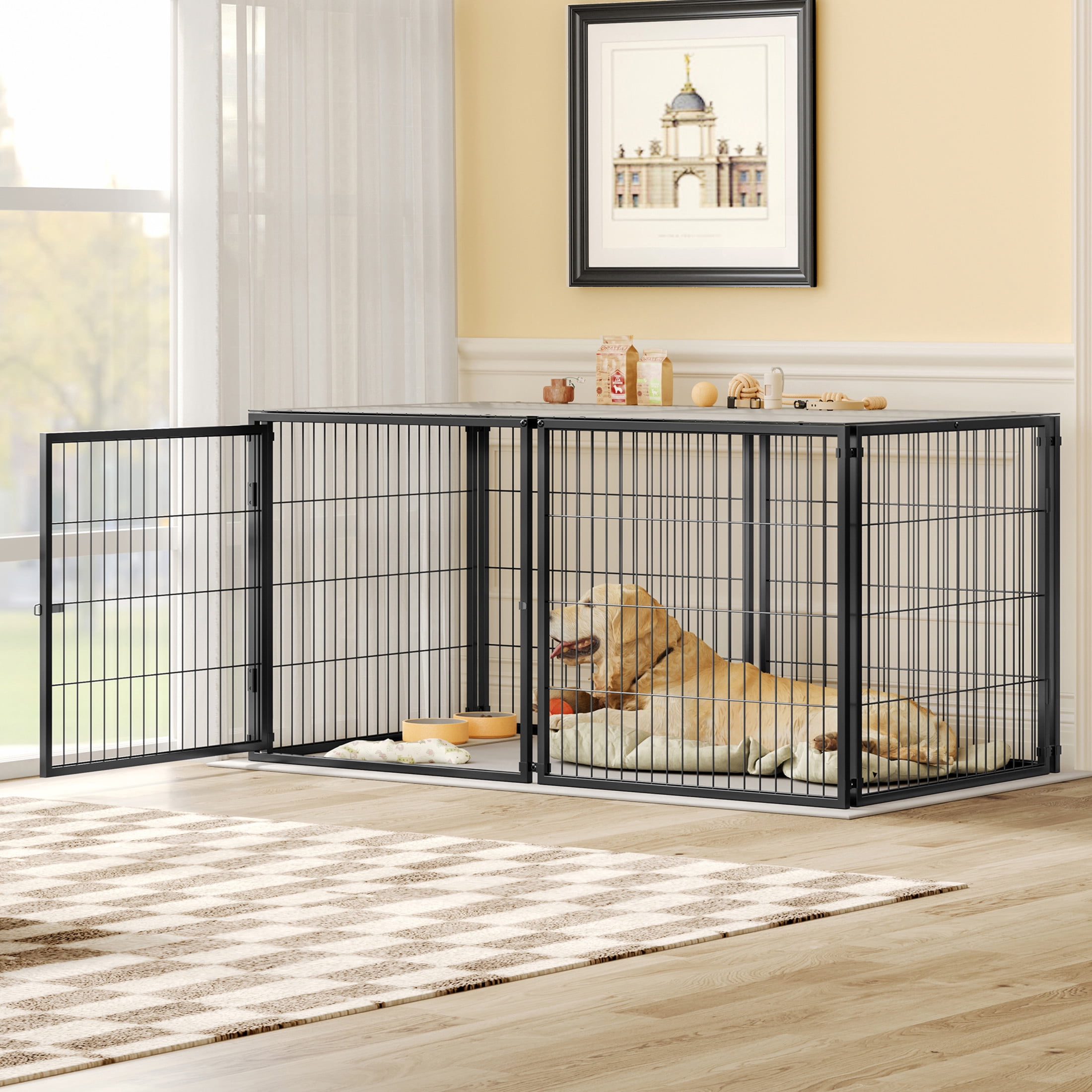 Noble House 63.7"L x 31.7"W Large Metal Dog Cage with Top, Indoor ...