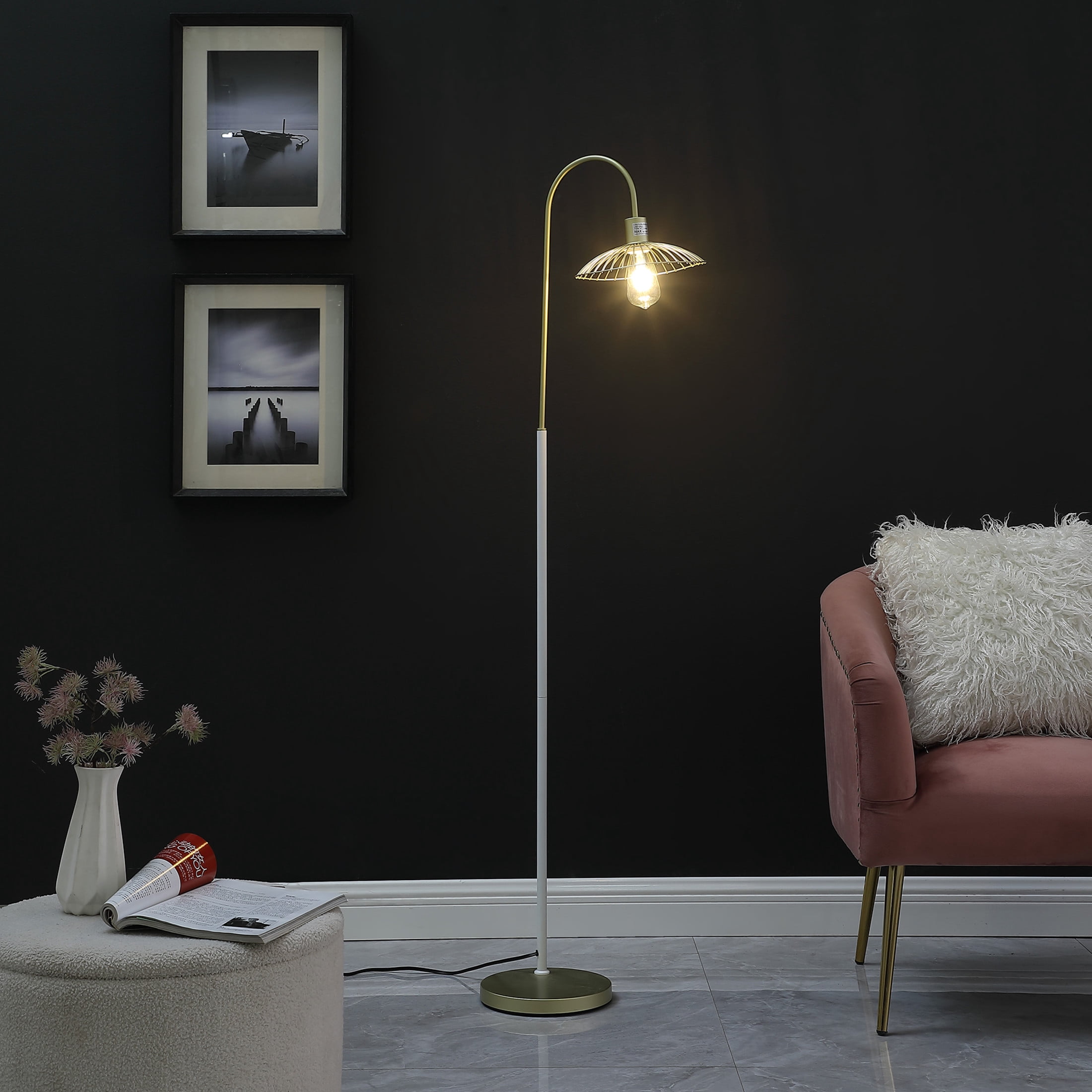 Noble House 64.25" Industrial Cage Floor Lamp, Satin Shade, White Pole ...