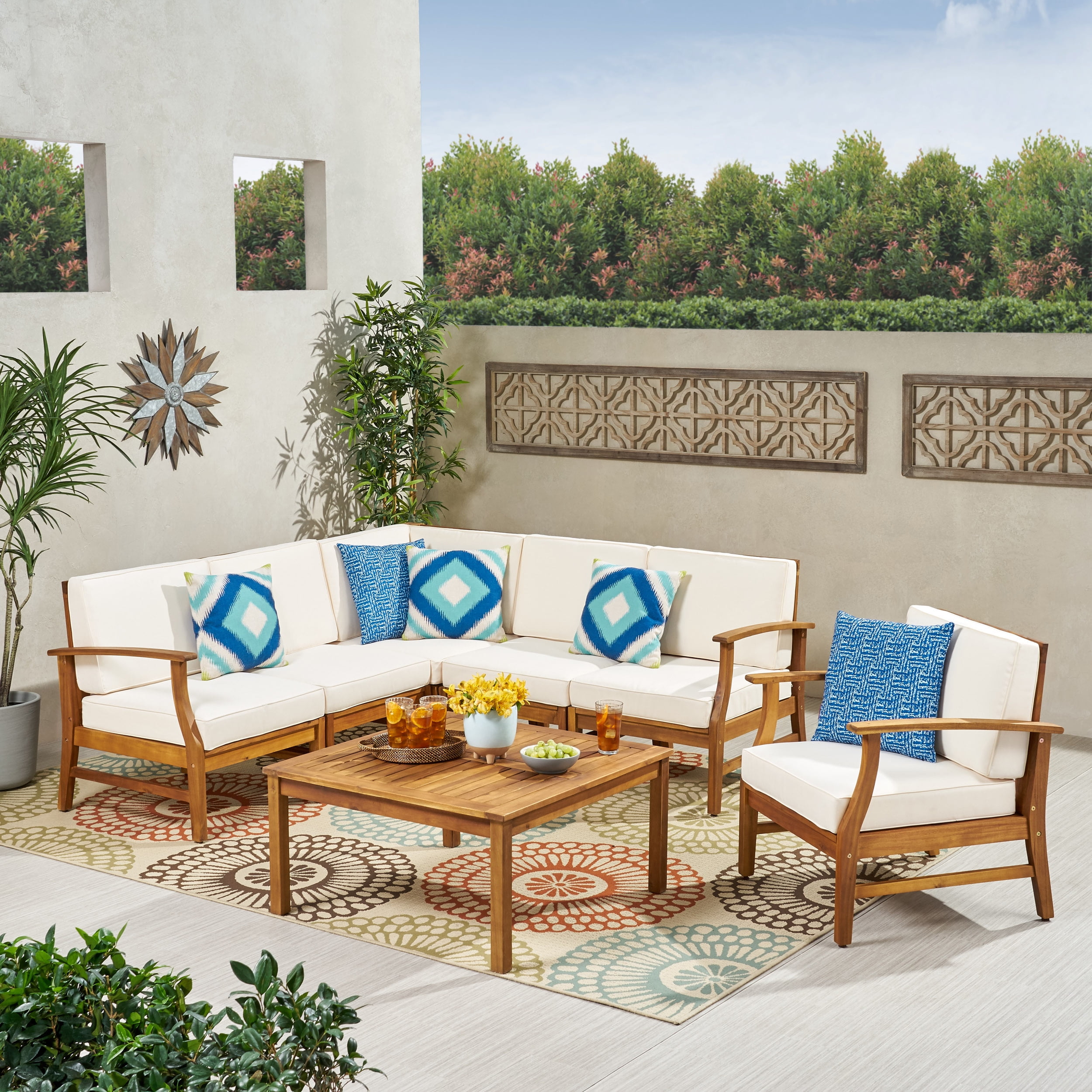Noble House 7-Piece Acacia Wood Outdoor Sectional Sofa Set with ...