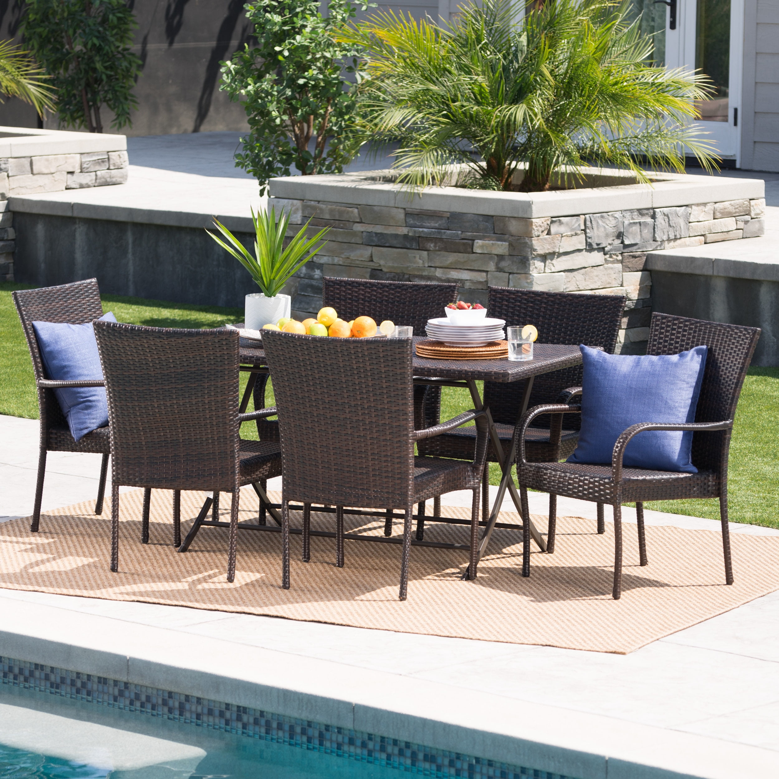 Noble House 7 Piece Adult Contemporary Metal Foldable Dining Table with ...