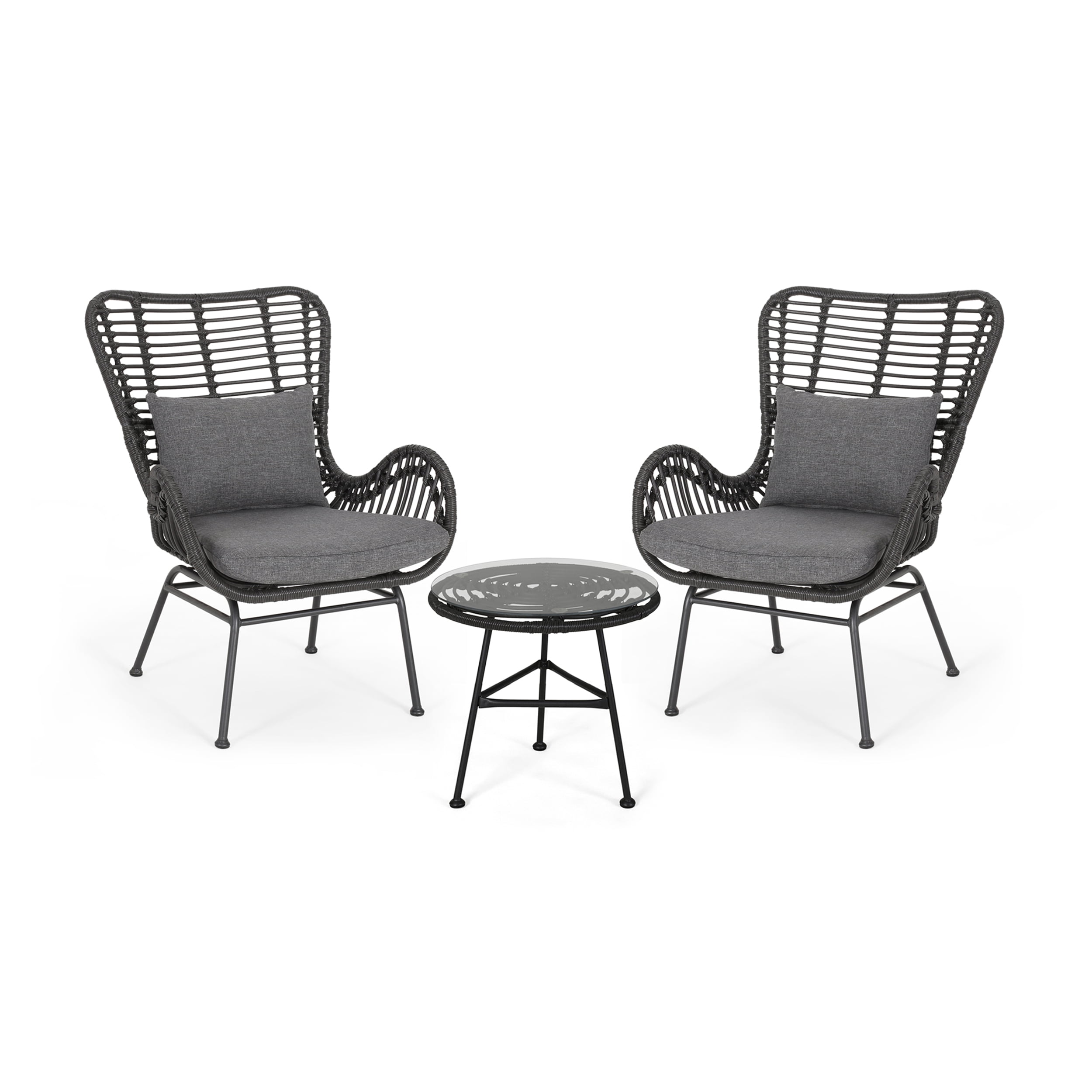 Noble House Acuna 3-PC Outdoor Faux Rattan Conversation Set in Gray ...