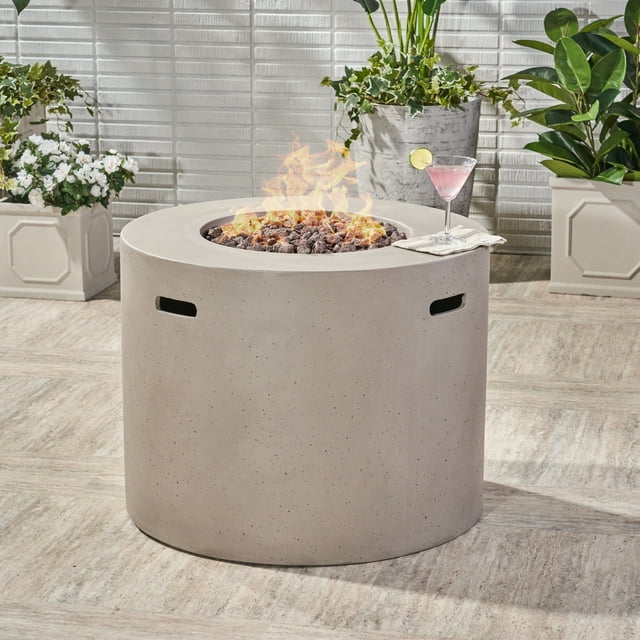 Noble House Aidan 31" Round Light Weight Concrete Gas Fire Pit in Light ...