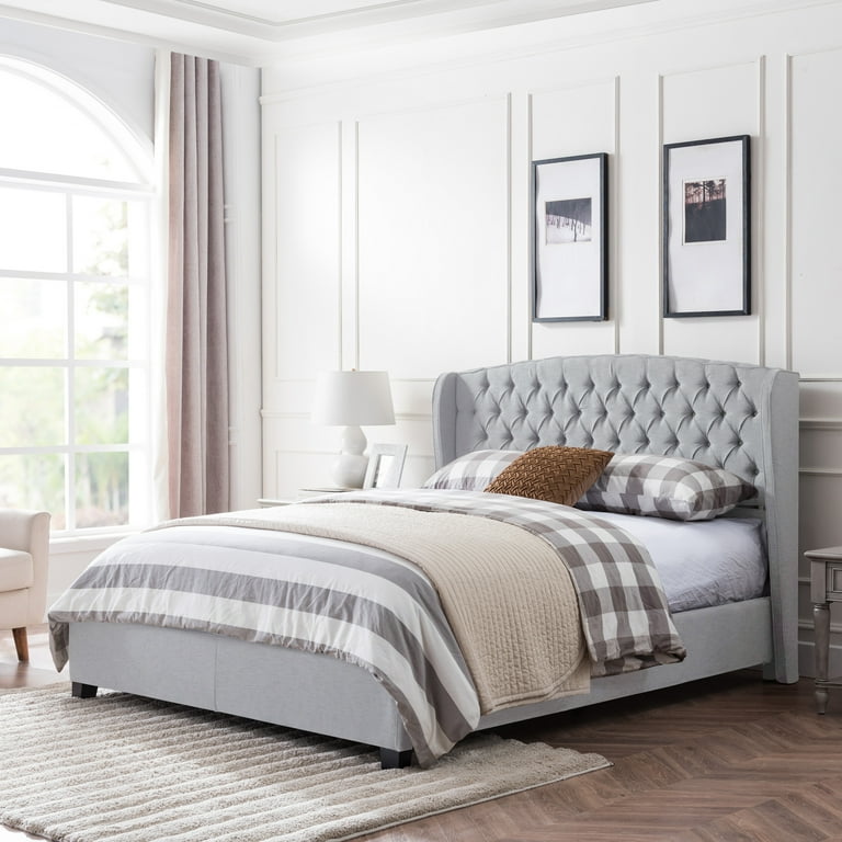 Noble House Aldo Contemporary Fully Upholstered King Size Platform Bed Frame Light Gray Dark Brown Walmart
