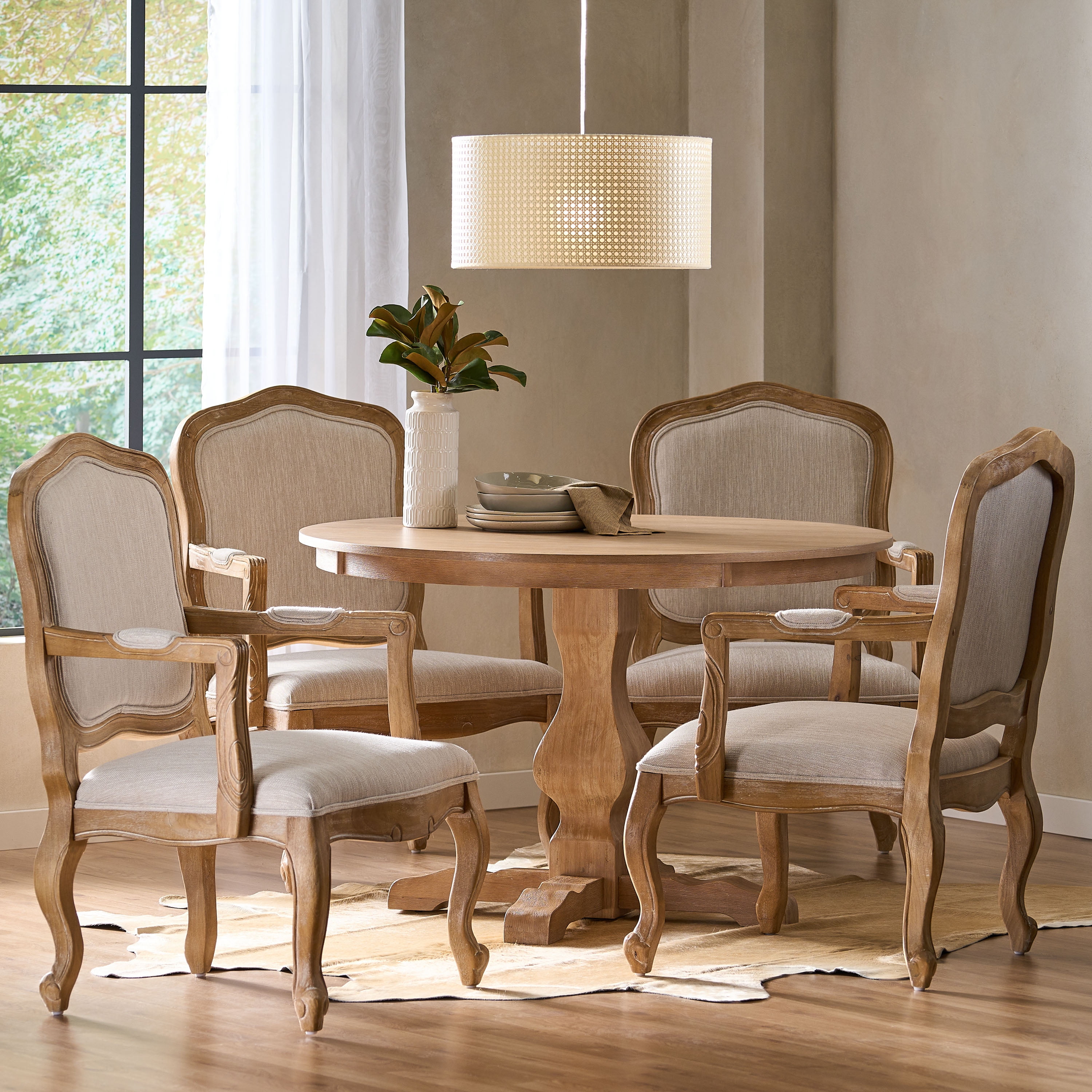 Noble House Ardene Fabric Upholstered Wood 5 Piece Circular Dining Set ...
