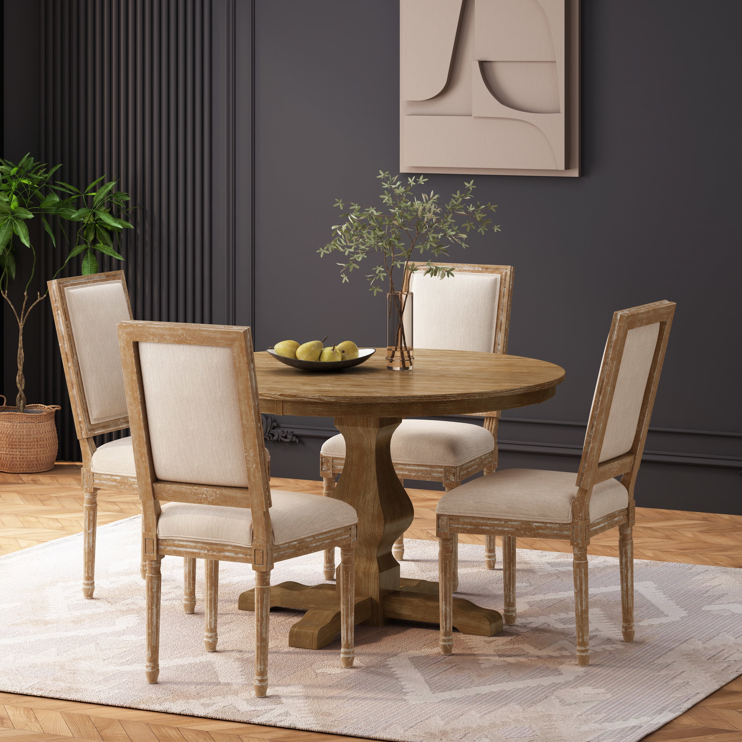 Noble House Ardyce Fabric Upholstered Wood 5 Piece Circular Dining Set ...
