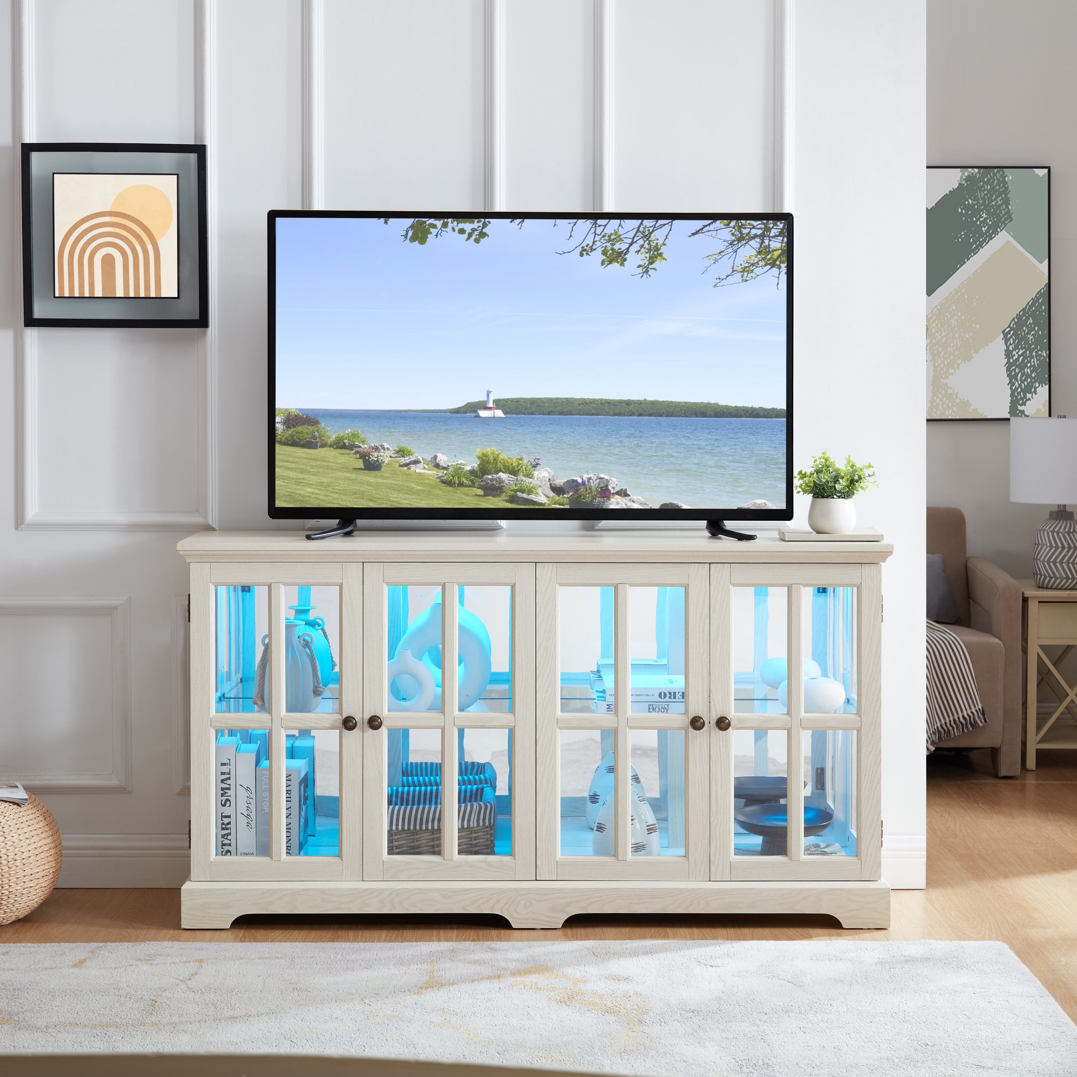 Noble House Auburn 59" LED Glass Display Cabinet, 4-Door Antique Curio ...