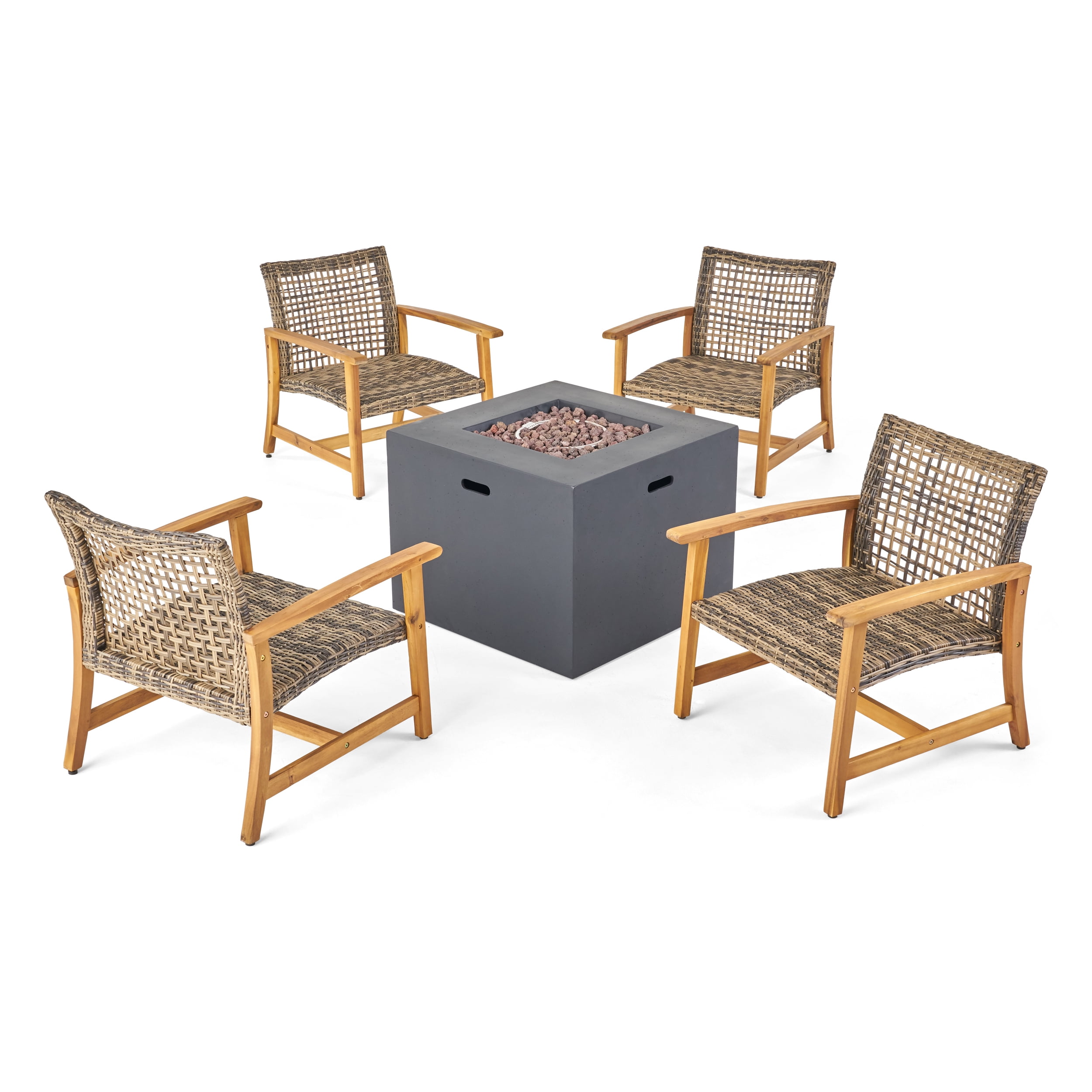Noble House Augusta Outdoor 5 Piece Wicker Club Chairs & Fire Pit Set ...