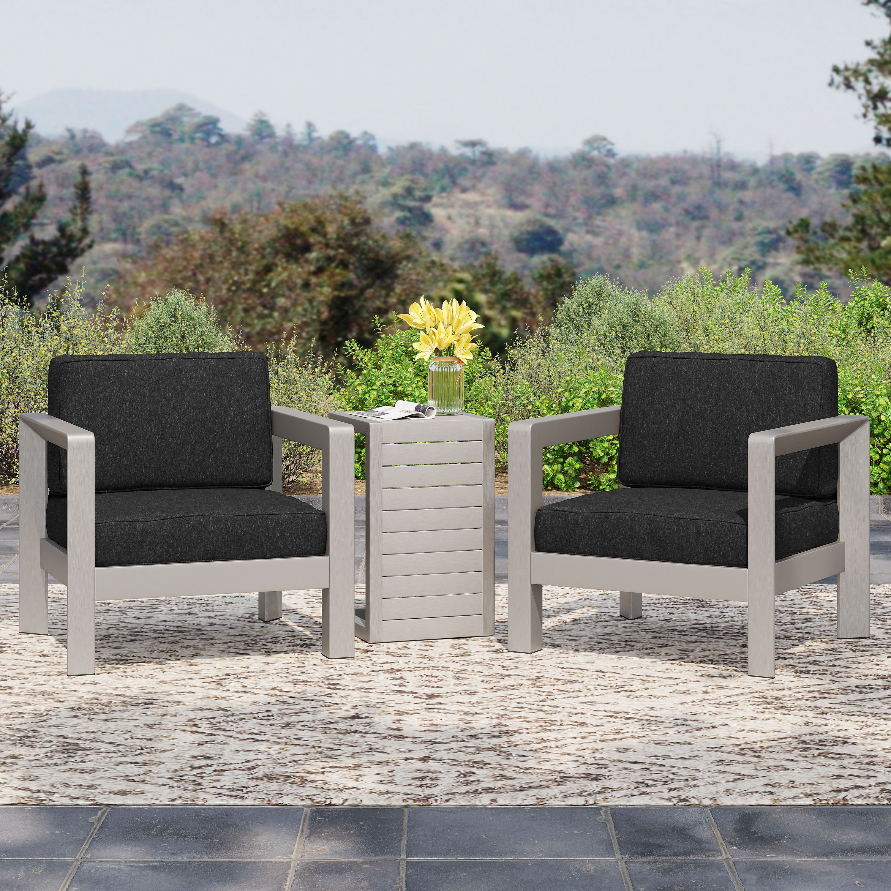 Noble House Aviara 3-Piece Outdoor Aluminum Conversation Set in Silver ...