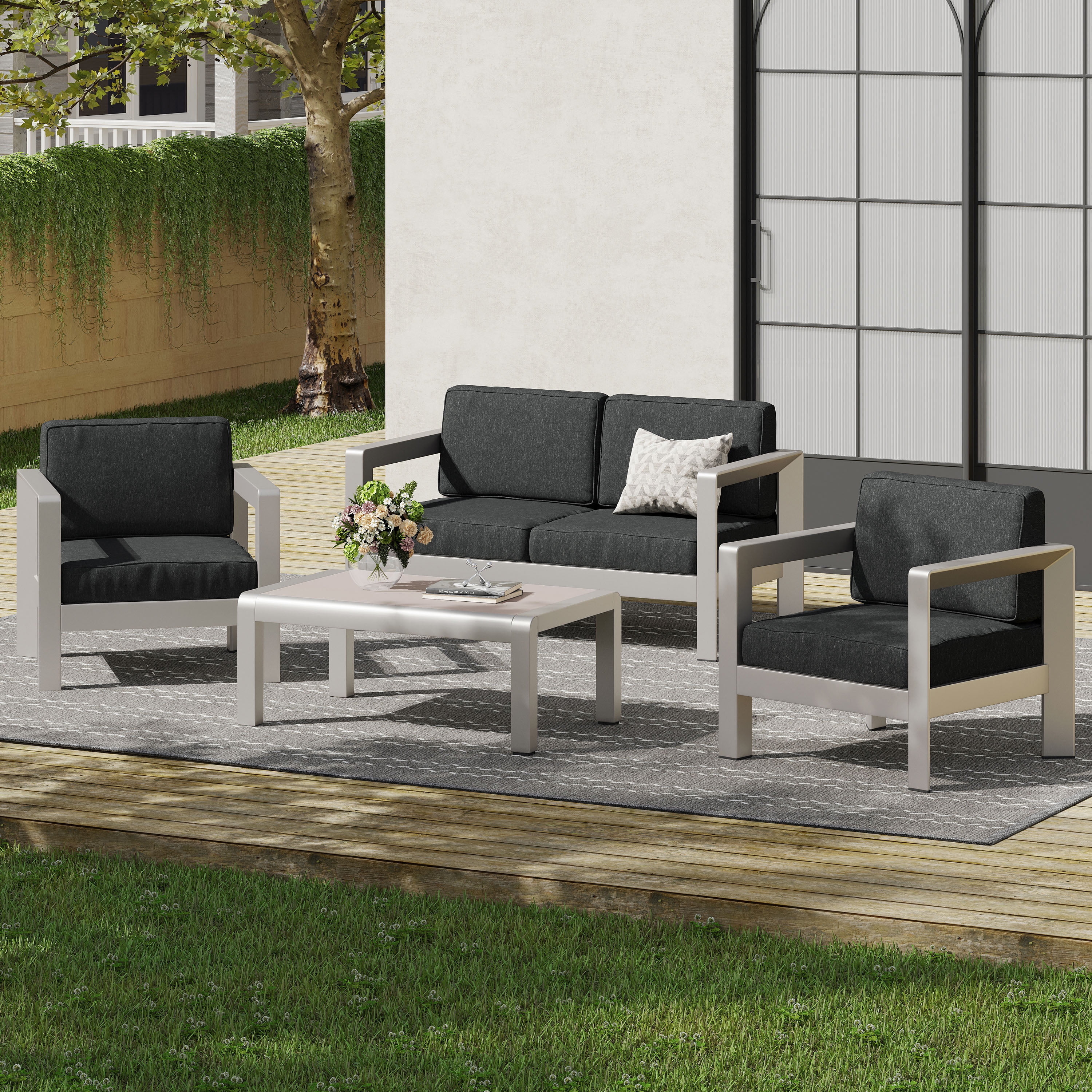 Noble House Aviara 4 Piece Outdoor Aluminum Conversation Set in Gray ...