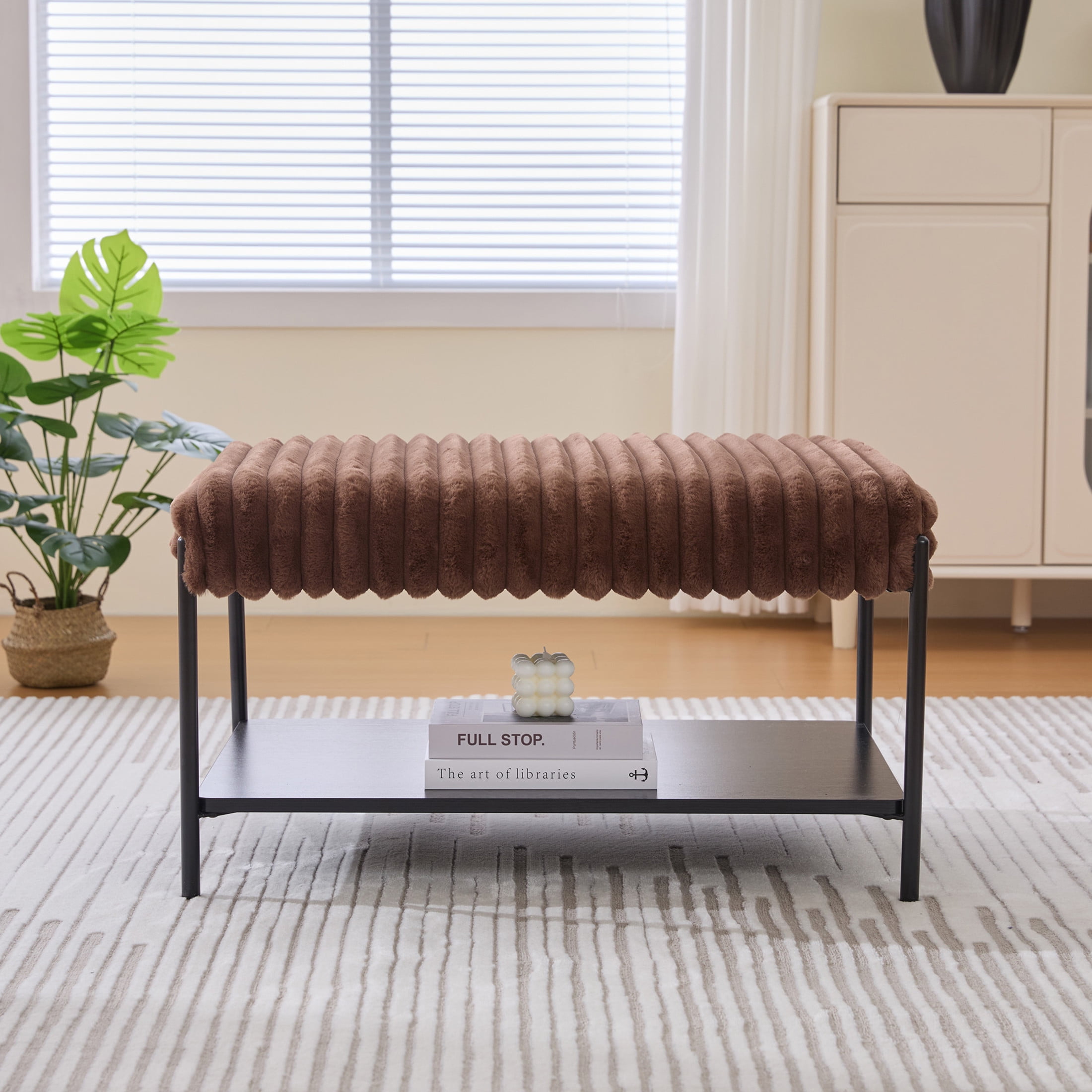 Noble House Belden 30.7" Faux Fur Ottoman Coffee Table, Foot Rest with ...