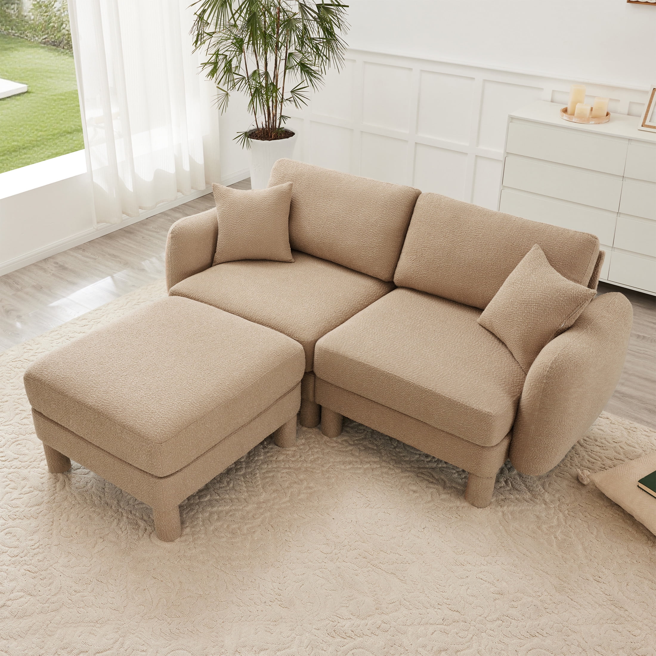Noble House Boucle 2-Seater Sofa with Shell Armrests, Removable Ottoman ...