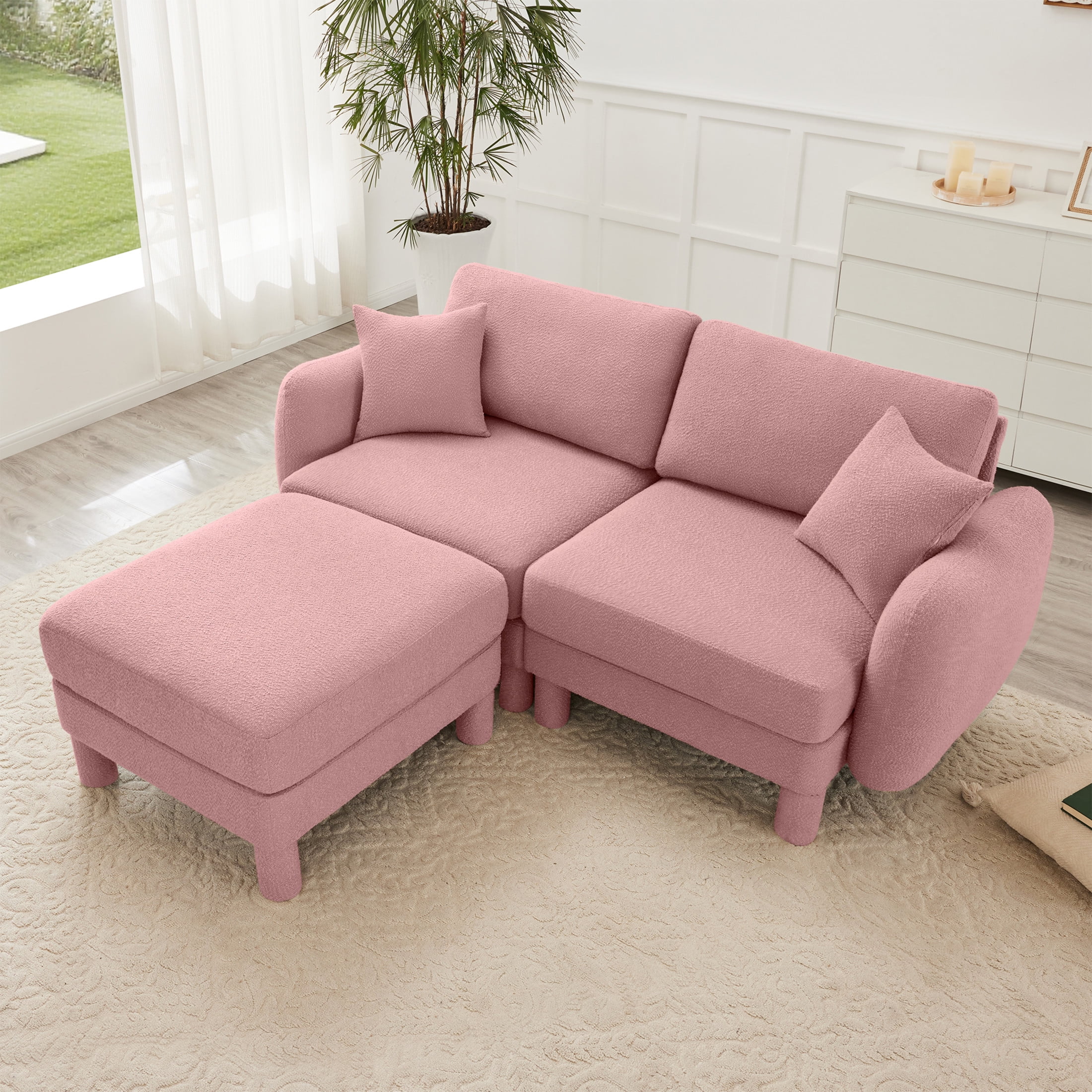Noble House Boucle 2-Seater Sofa with Shell Armrests, Removable Ottoman ...