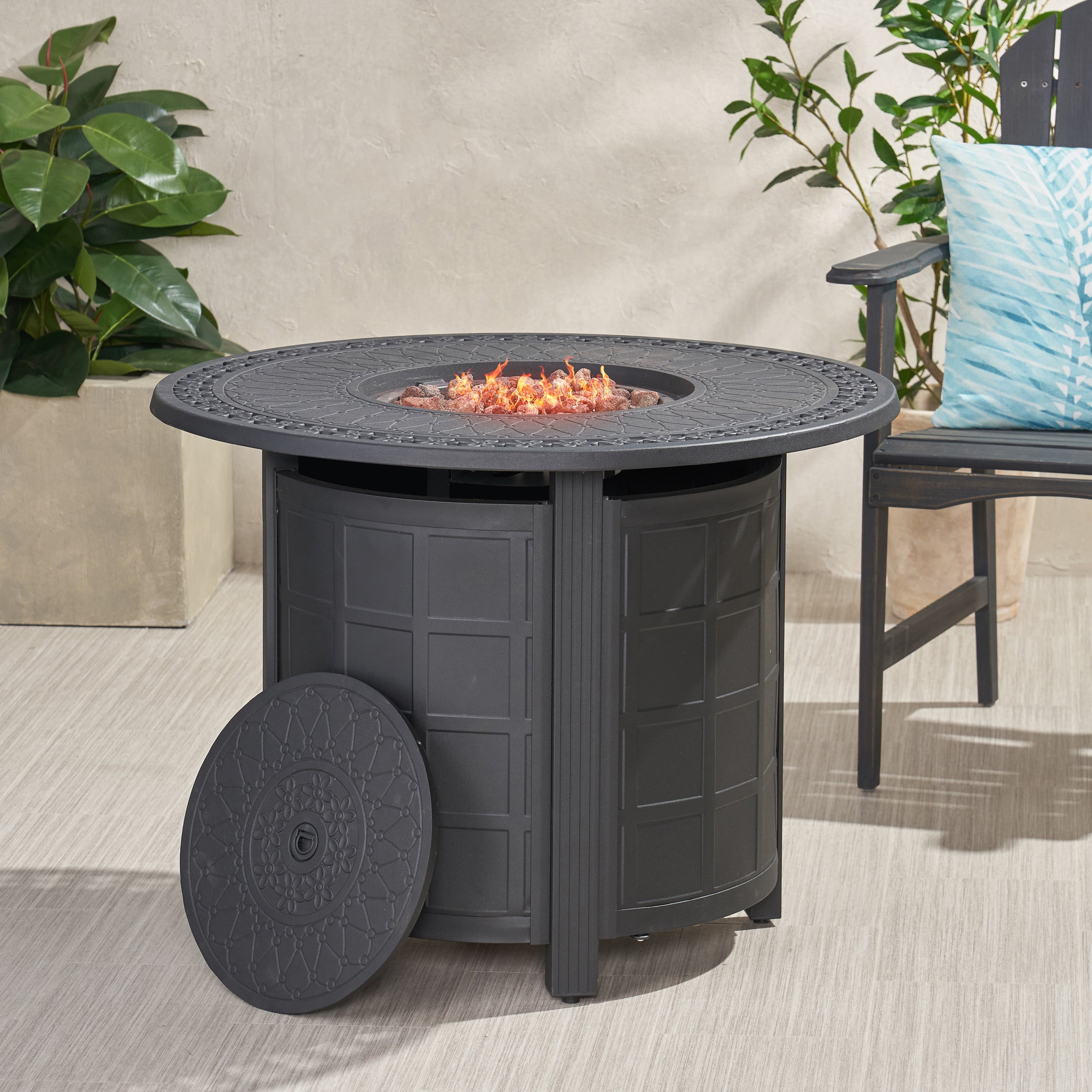 Noble House Boulder Outdoor Round Aluminum Fire Pit in Matte Black ...