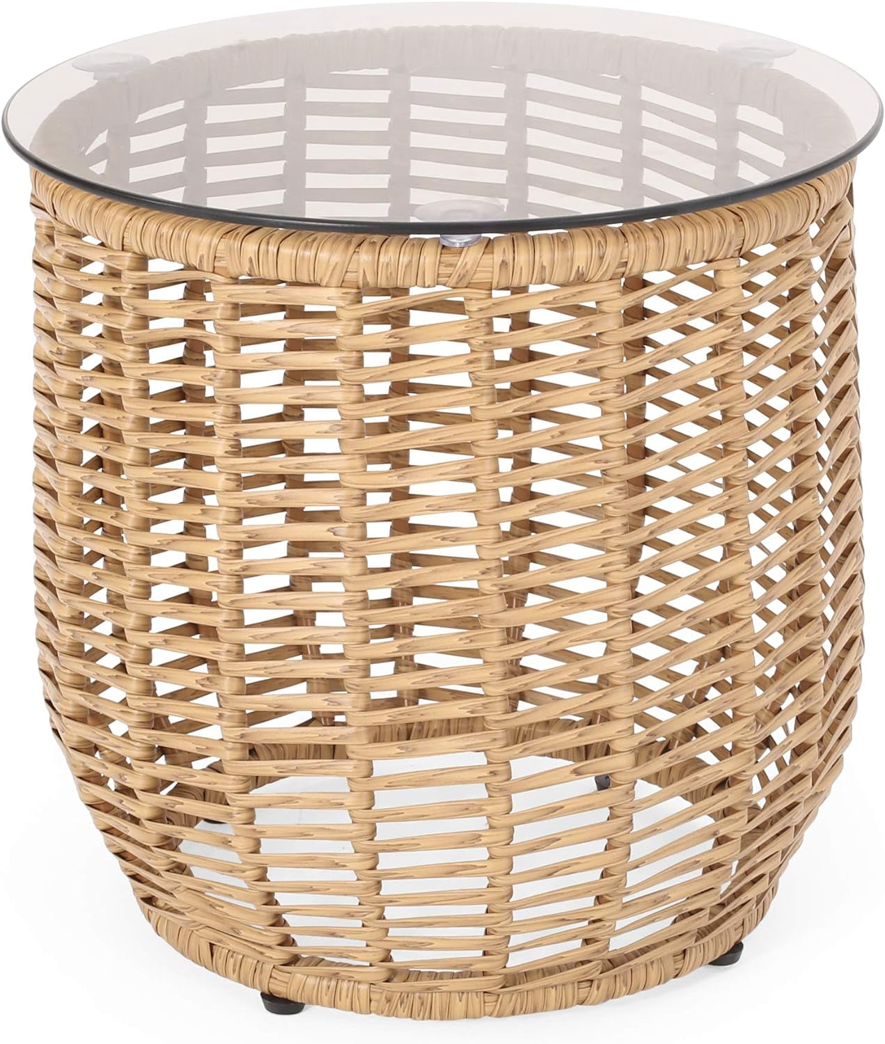 Noble House Boynton Wicker Side Table with Tempered Glass Top in Light ...