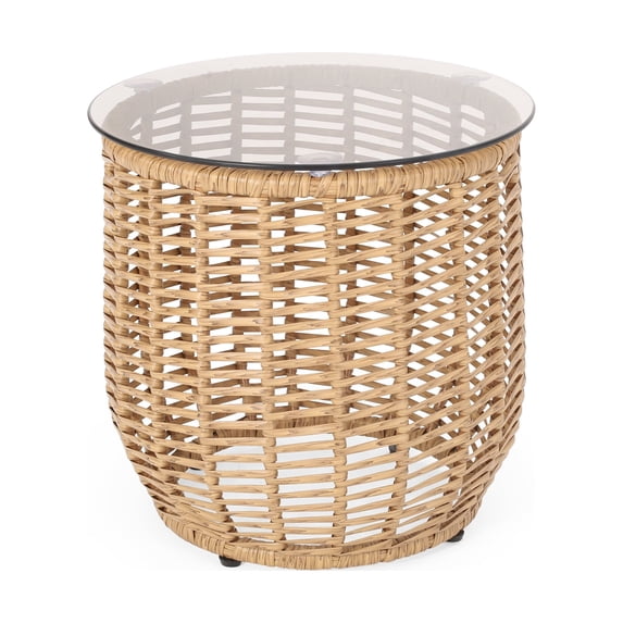 Noble House Boynton Wicker Side Table with Tempered Glass Top in Light ...
