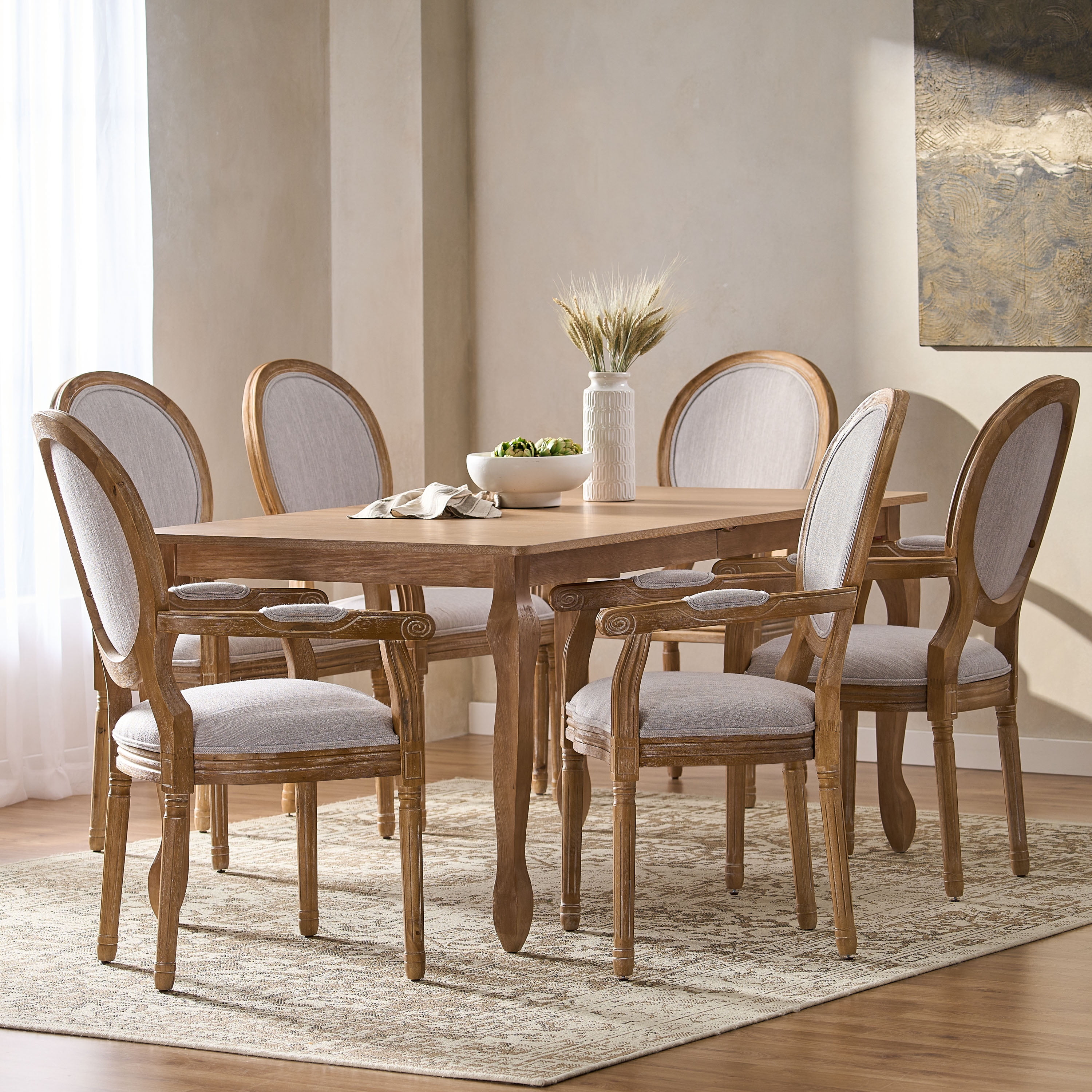 Noble House Braemere Fabric Upholstered Wood Expandable 7 Piece Dining ...