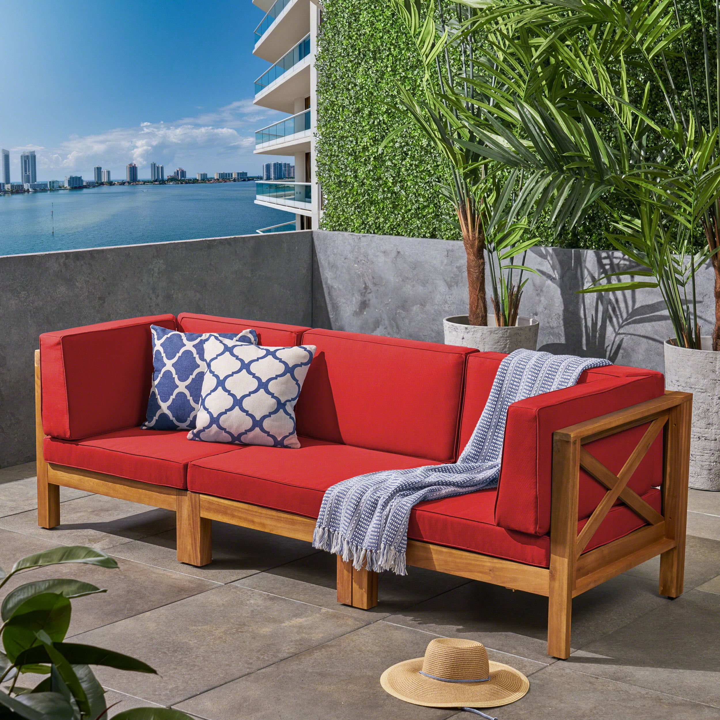 Noble House Brava 3-Piece Outdoor Acacia Wood Sofa in Red - Walmart.com