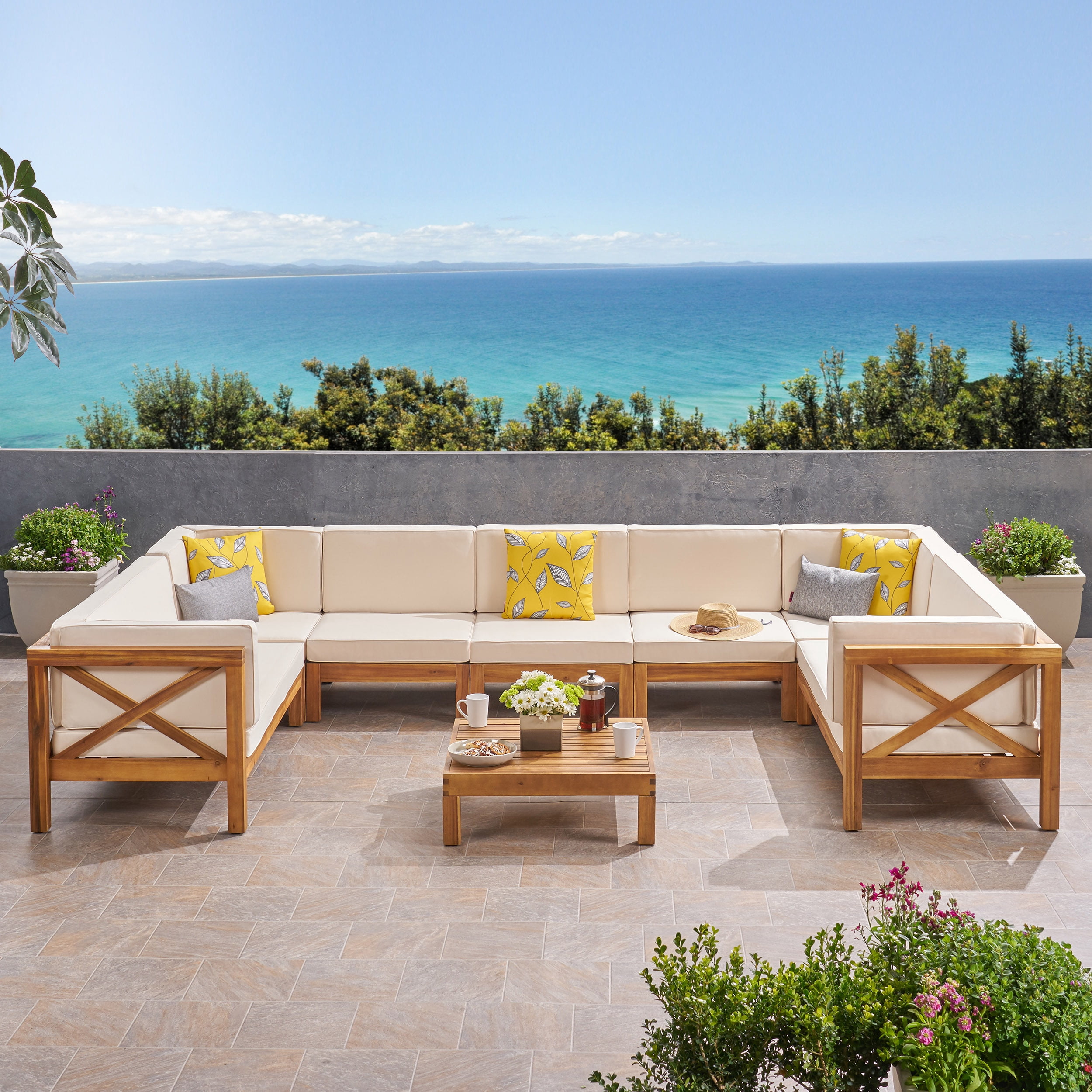 Noble House Brava Outdoor 9 Seater Acacia Wood Sectional Sofa Set Teak ...