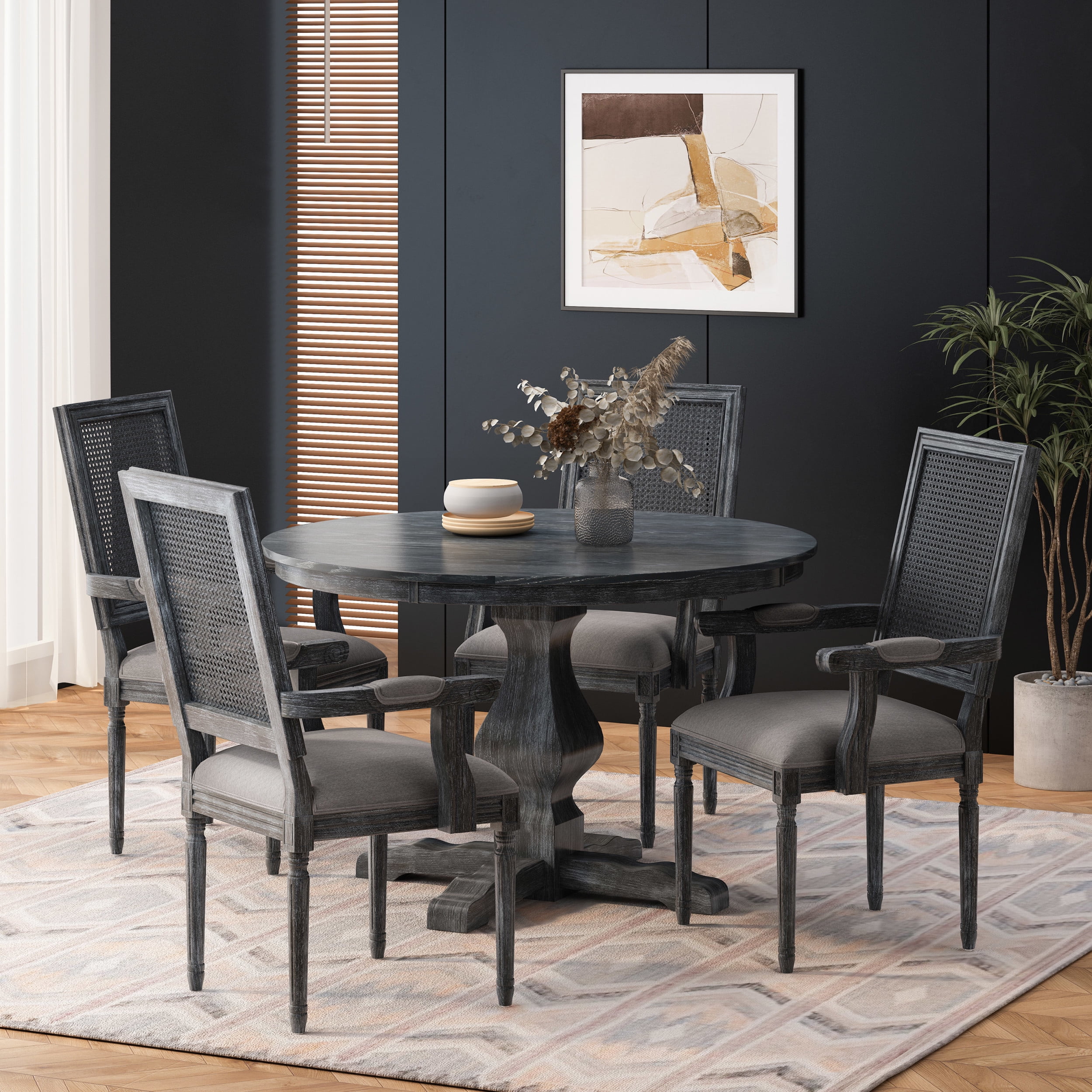Noble House Upholstered Wood & Cane Dining Set - Gray, 5 Piece ...
