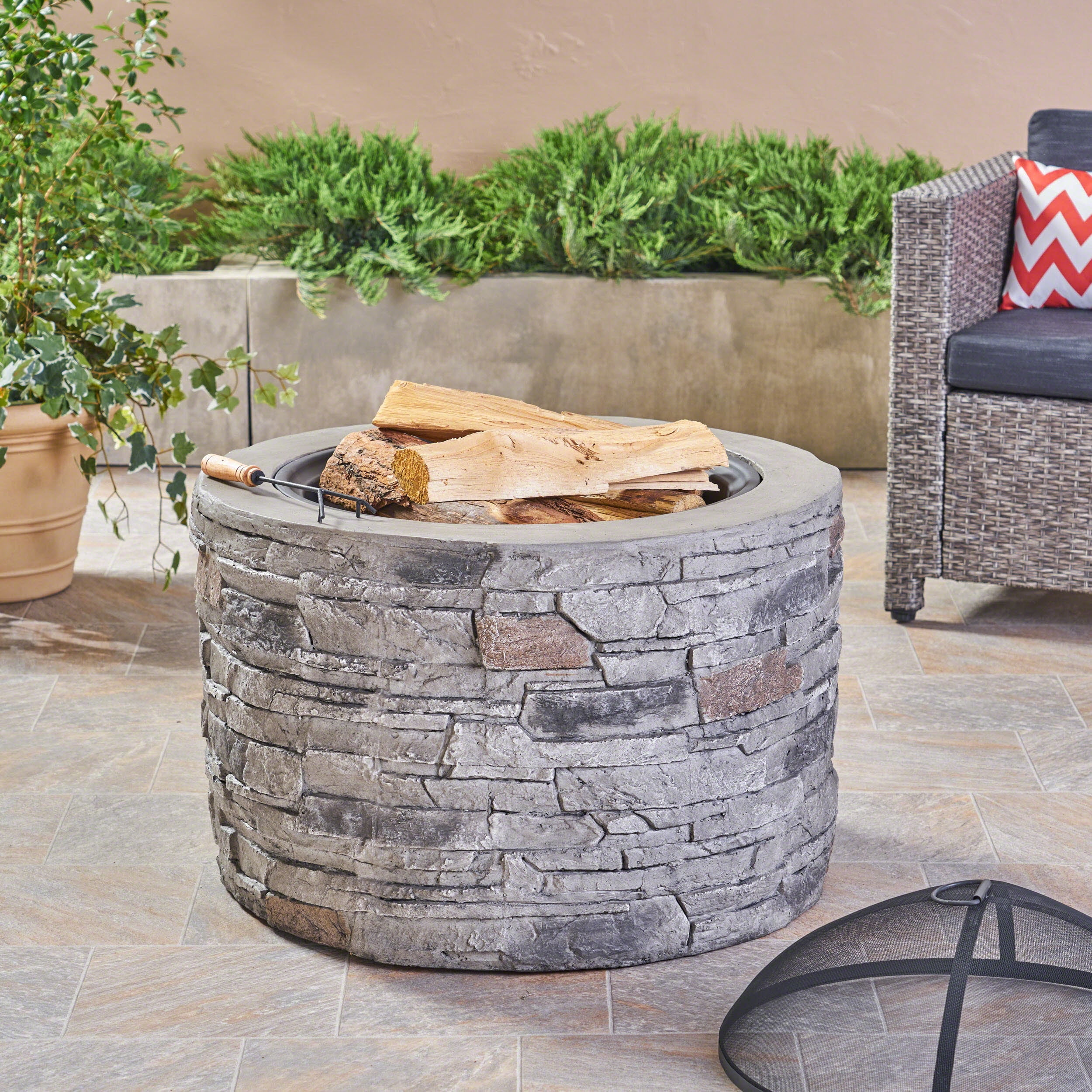 Noble House Camila Outdoor Lightweight Concrete Wood Burning Fire Pit ...