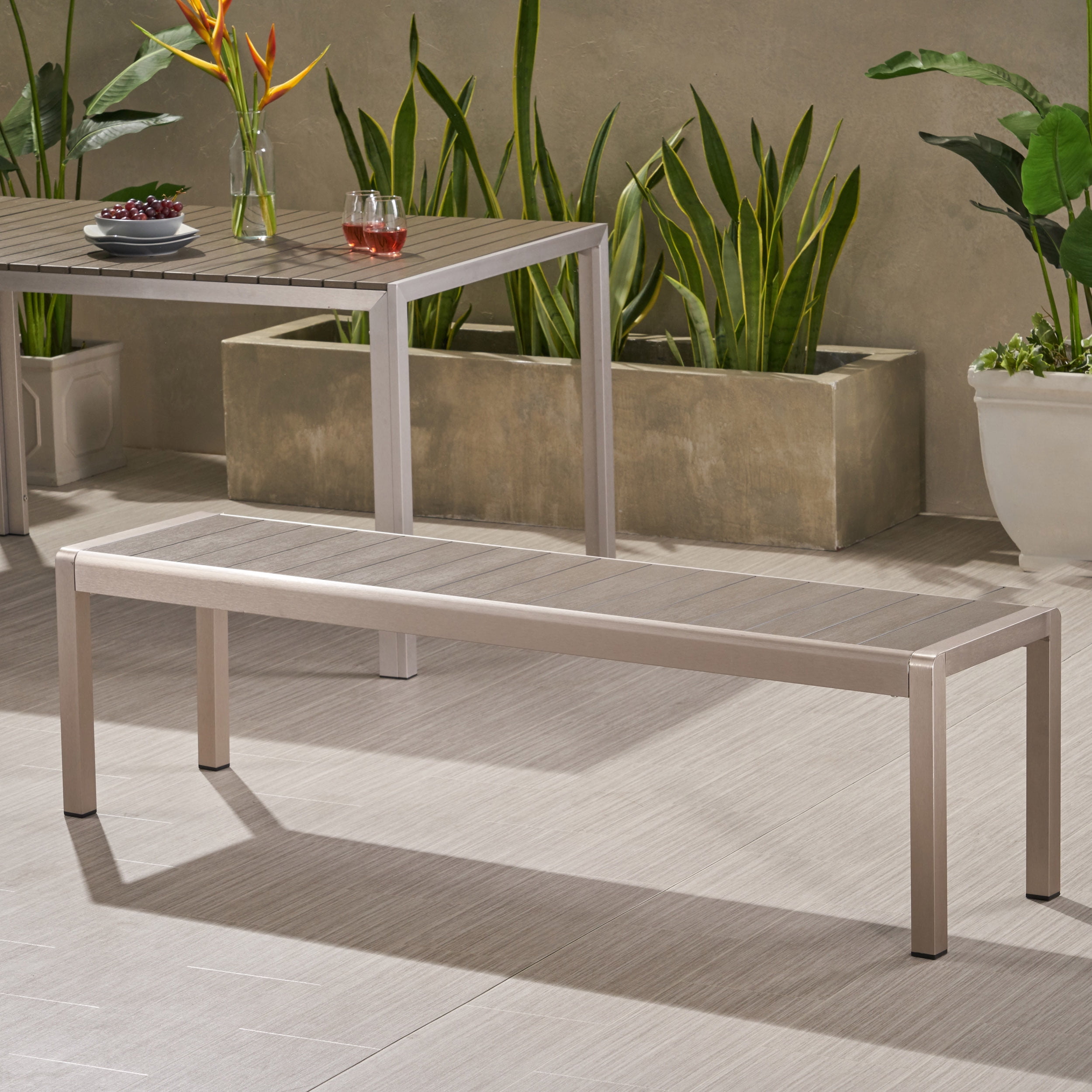 Noble House Cape Coral Outdoor Aluminum Dining Bench in Gray and Silver ...