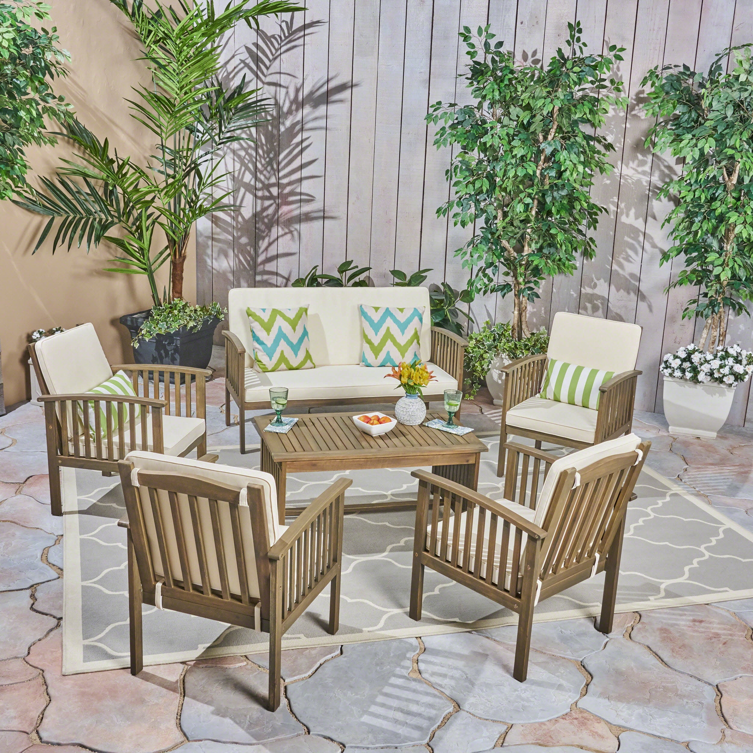 Noble House Carolina 6-Piece Outdoor Acacia Wood Conversation Set in ...