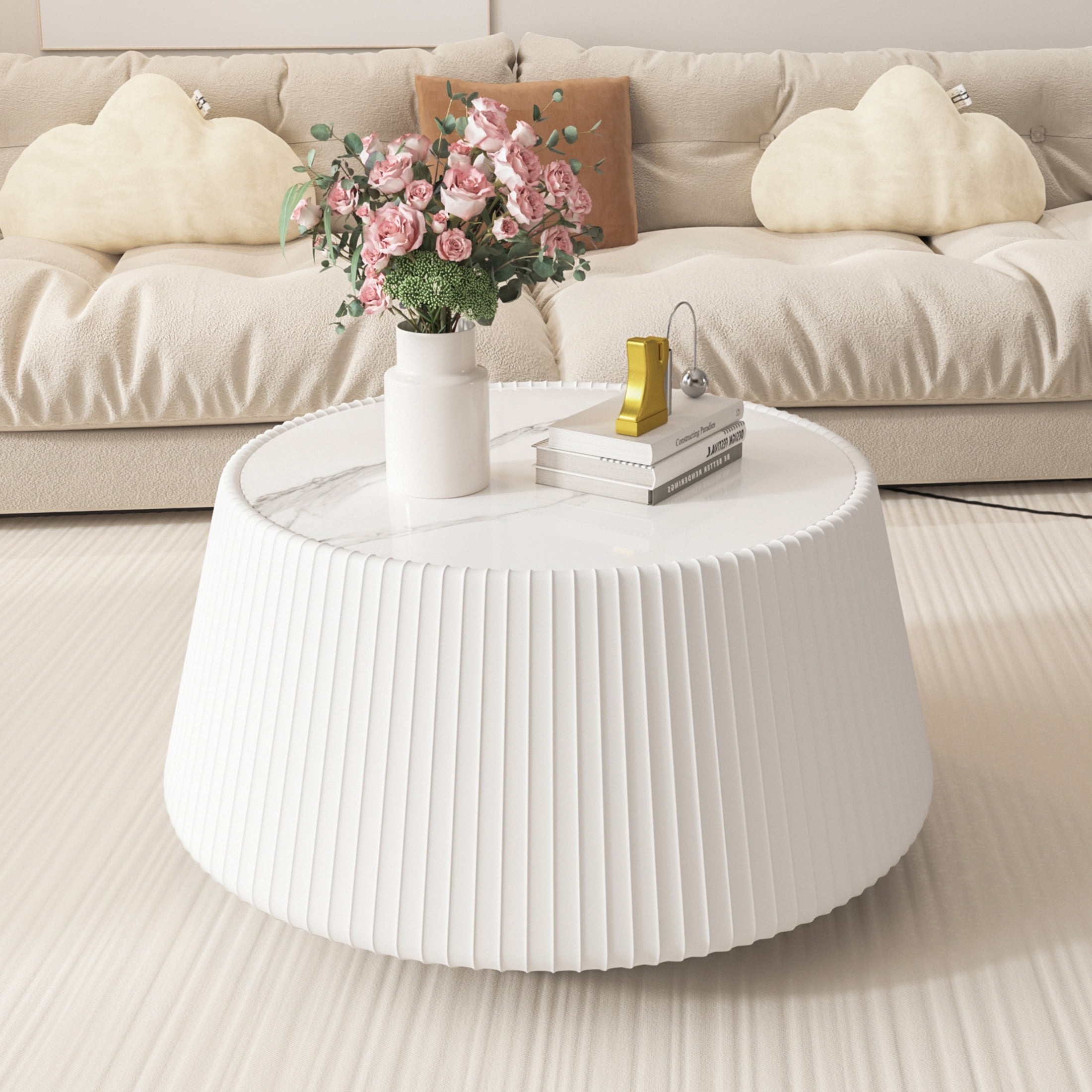 Noble House Cersei 26" Cup-Shaped Mable Top Coffee Table with Leather ...
